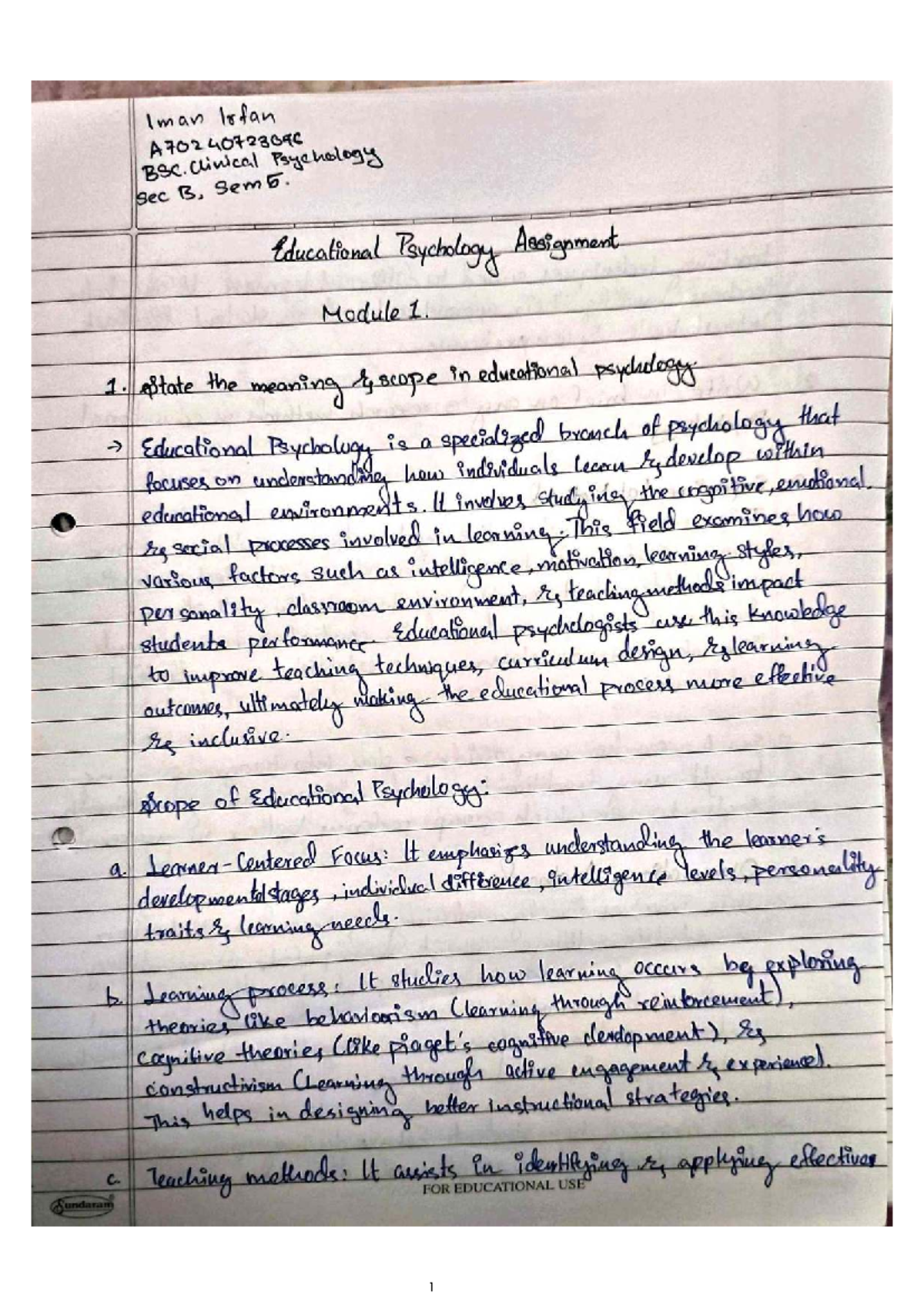 EP Module 1 Assignment: Scope & Methods in Educational Psychology - Studocu