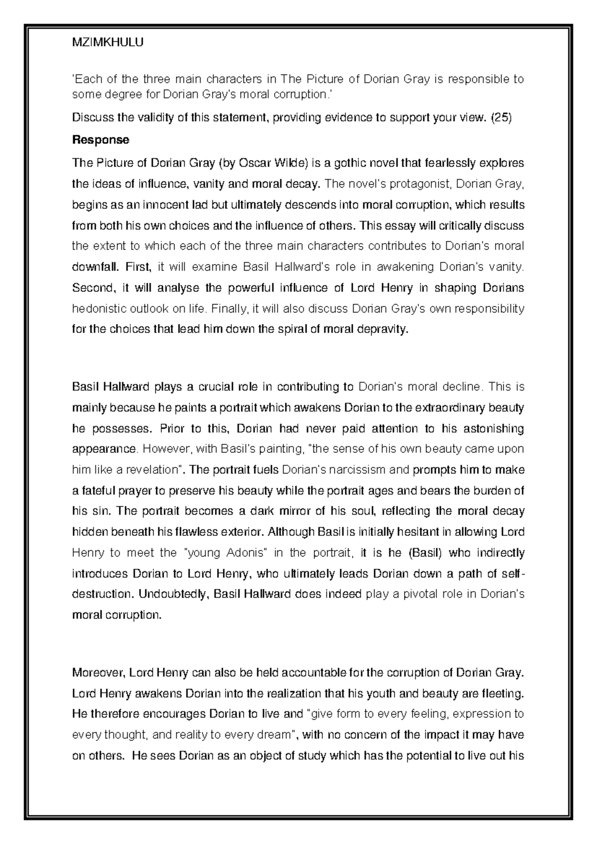 POD Essay: Analyzing Character Influence on Dorian Gray's Morality ...