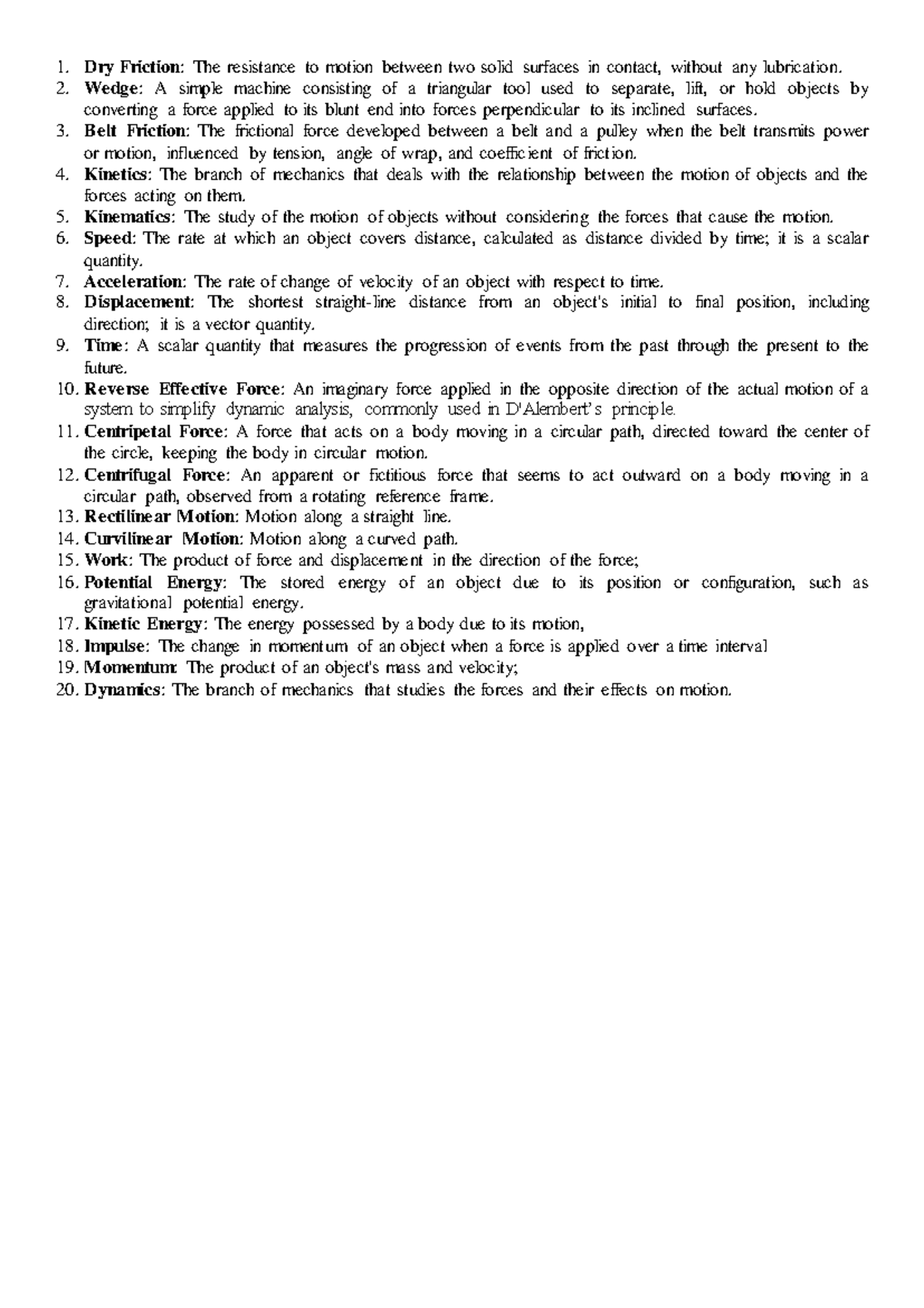 Dynamics Terminologies: Key Concepts and Definitions in Mechanics - Studocu