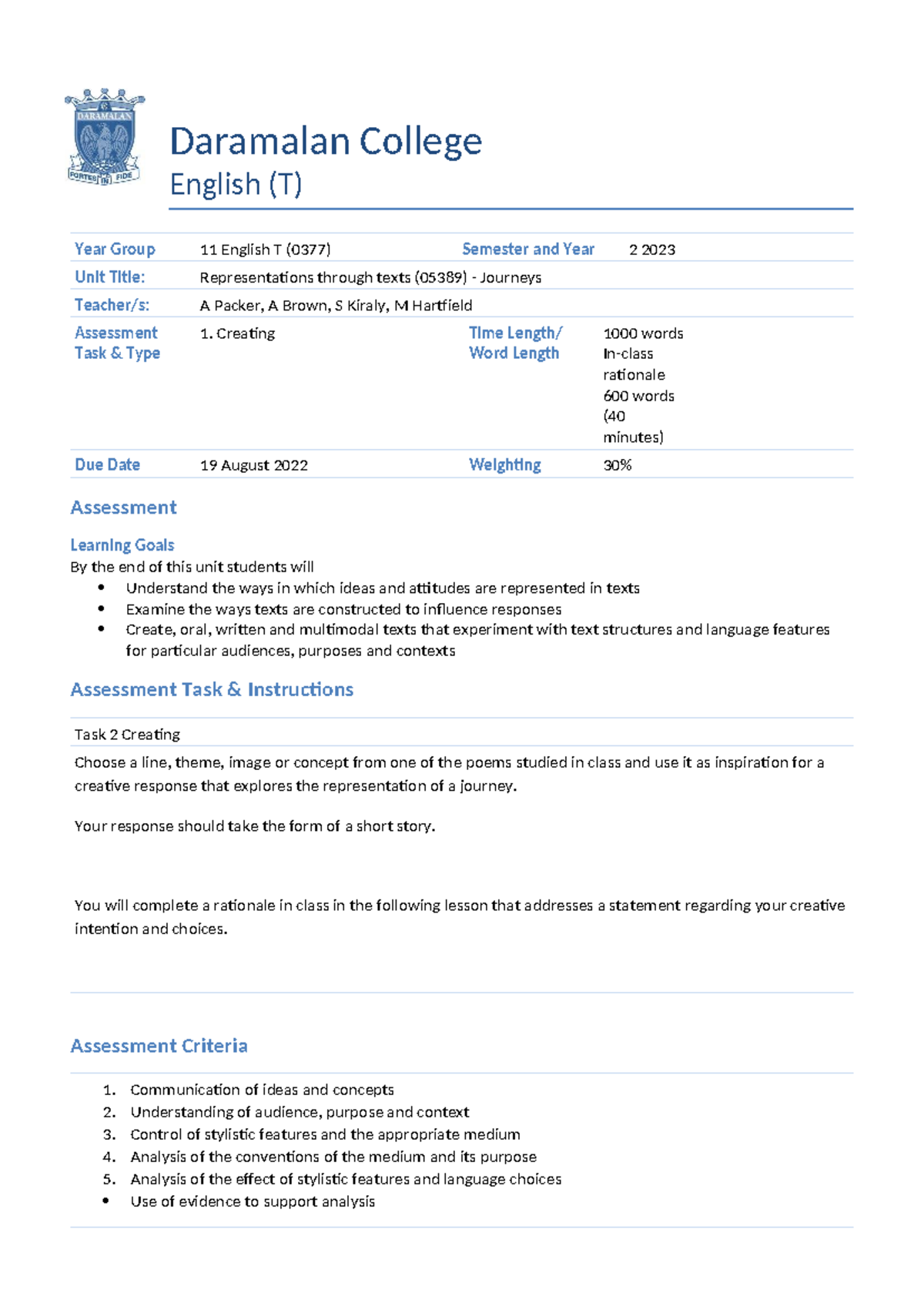 Year 11 English T (0377) S2 2023 Task 1 - Creating Journeys Essay - Studocu