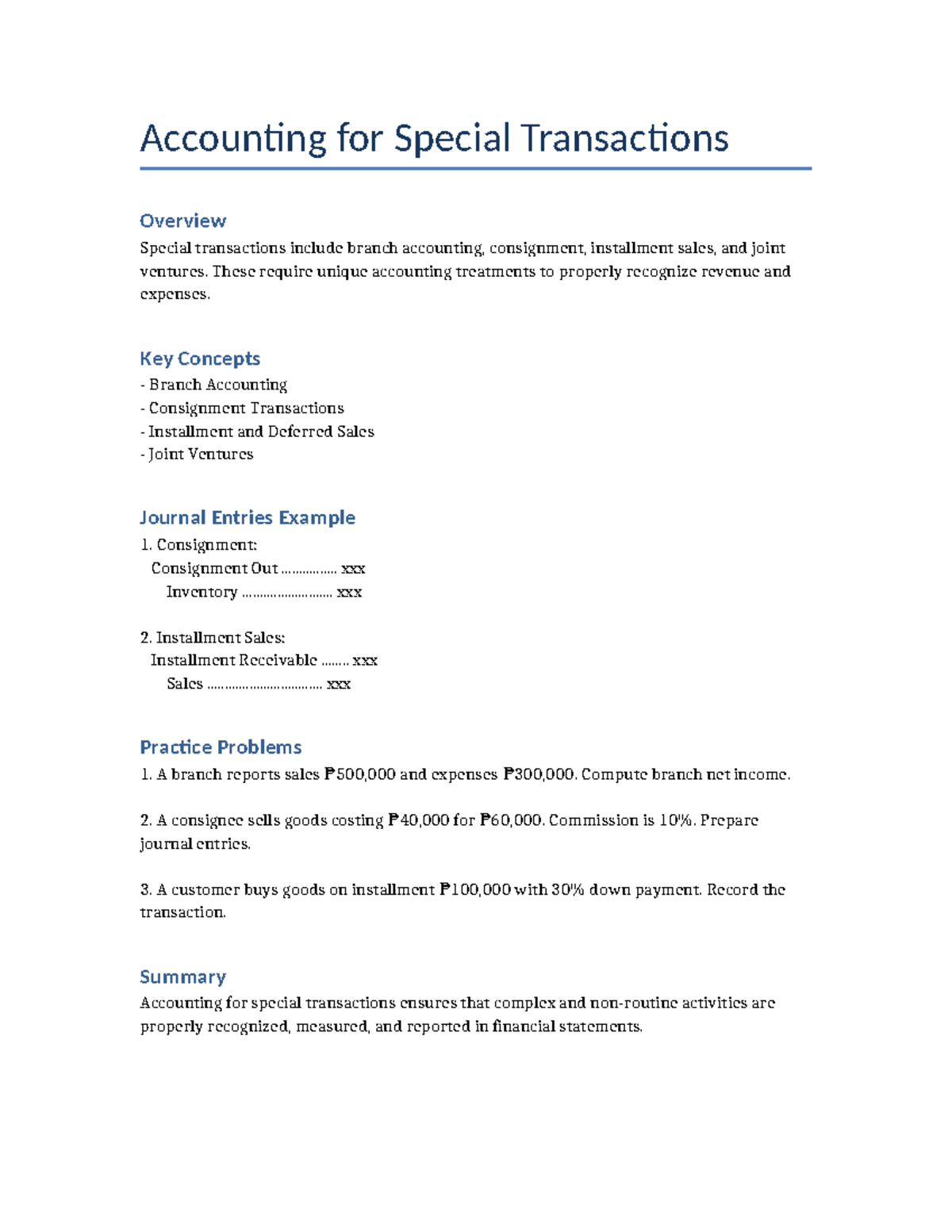 Accounting for Special Transactions: Overview and Key Concepts - Studocu