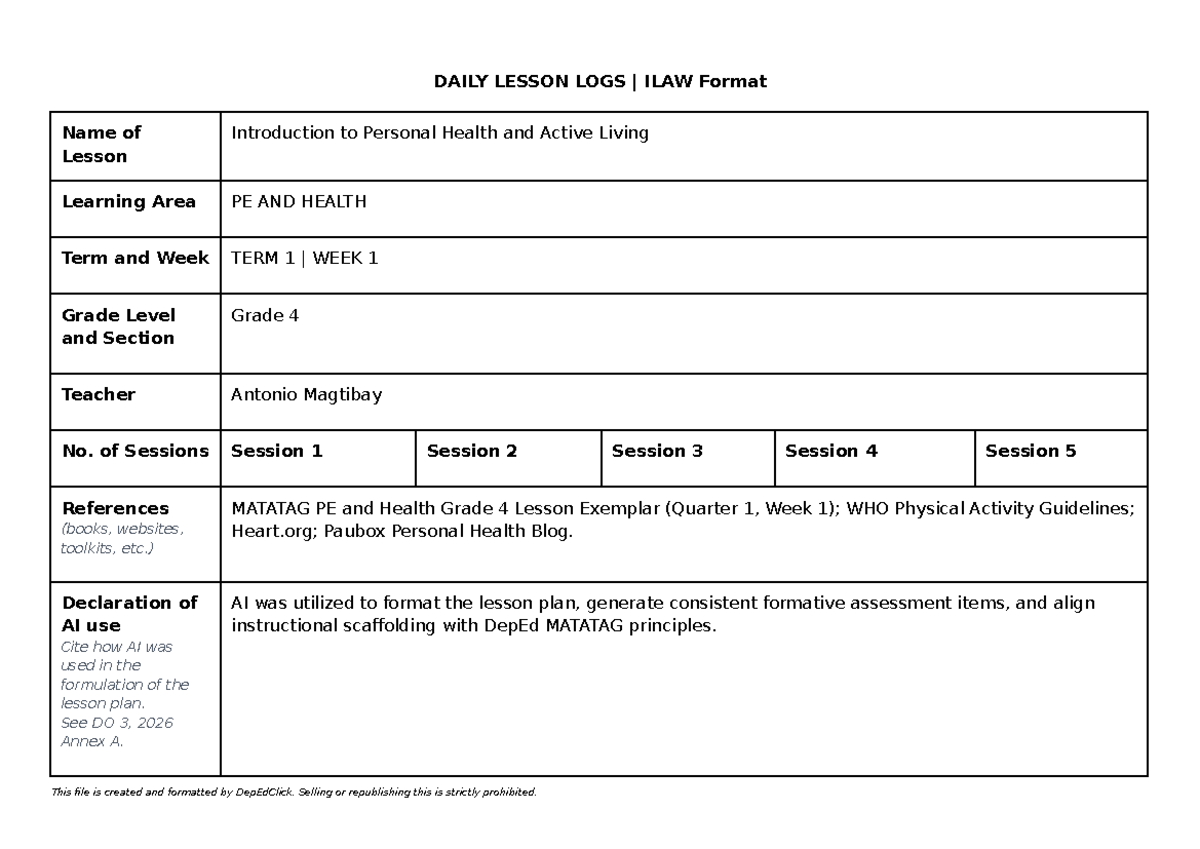 PE AND HEALTH 4 Daily Lesson Log: Intro to Personal Health & Active ...