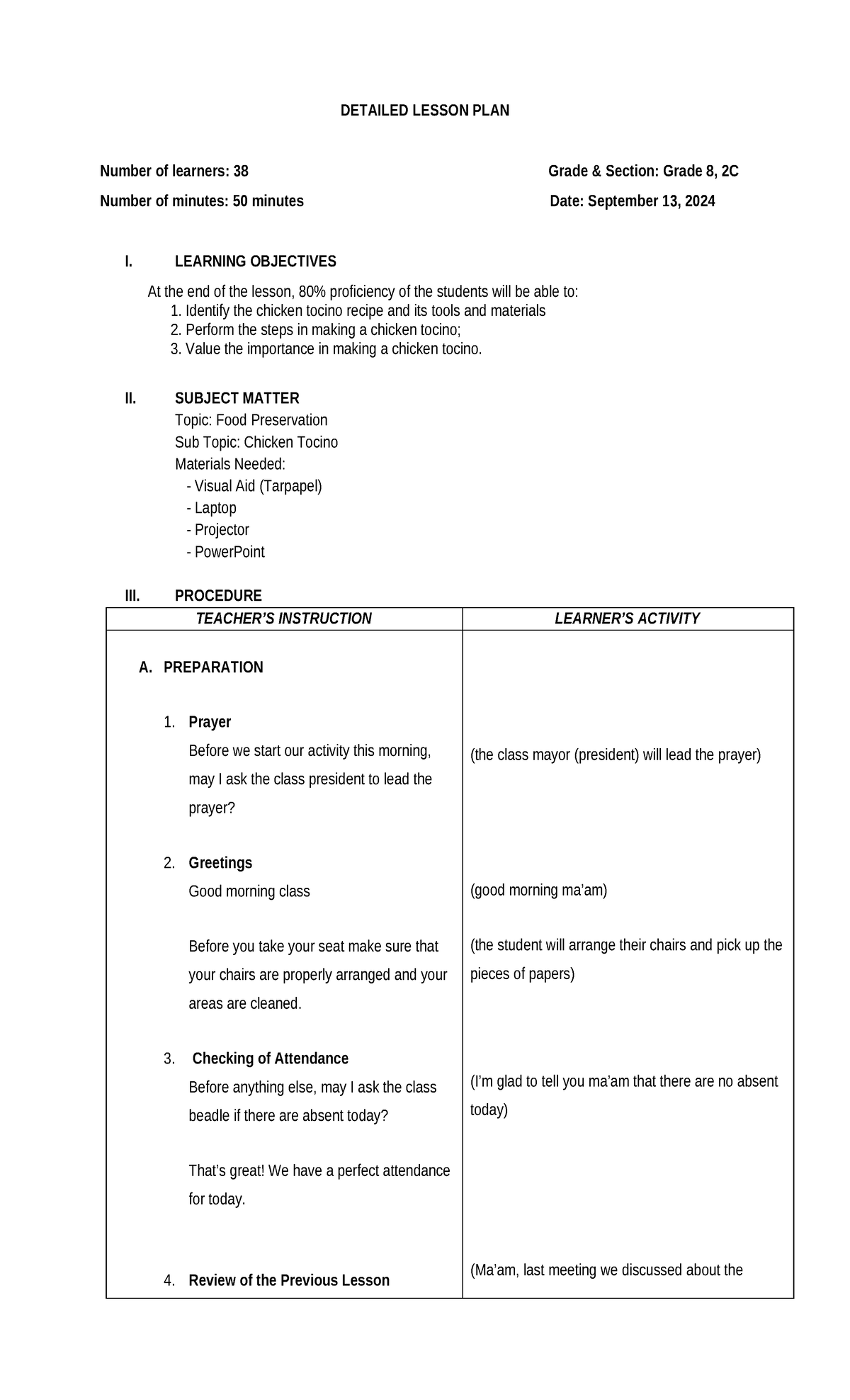 Jazzlee Btled 4B Detailed Lesson Plan: Chicken Tocino Preparation - Studocu