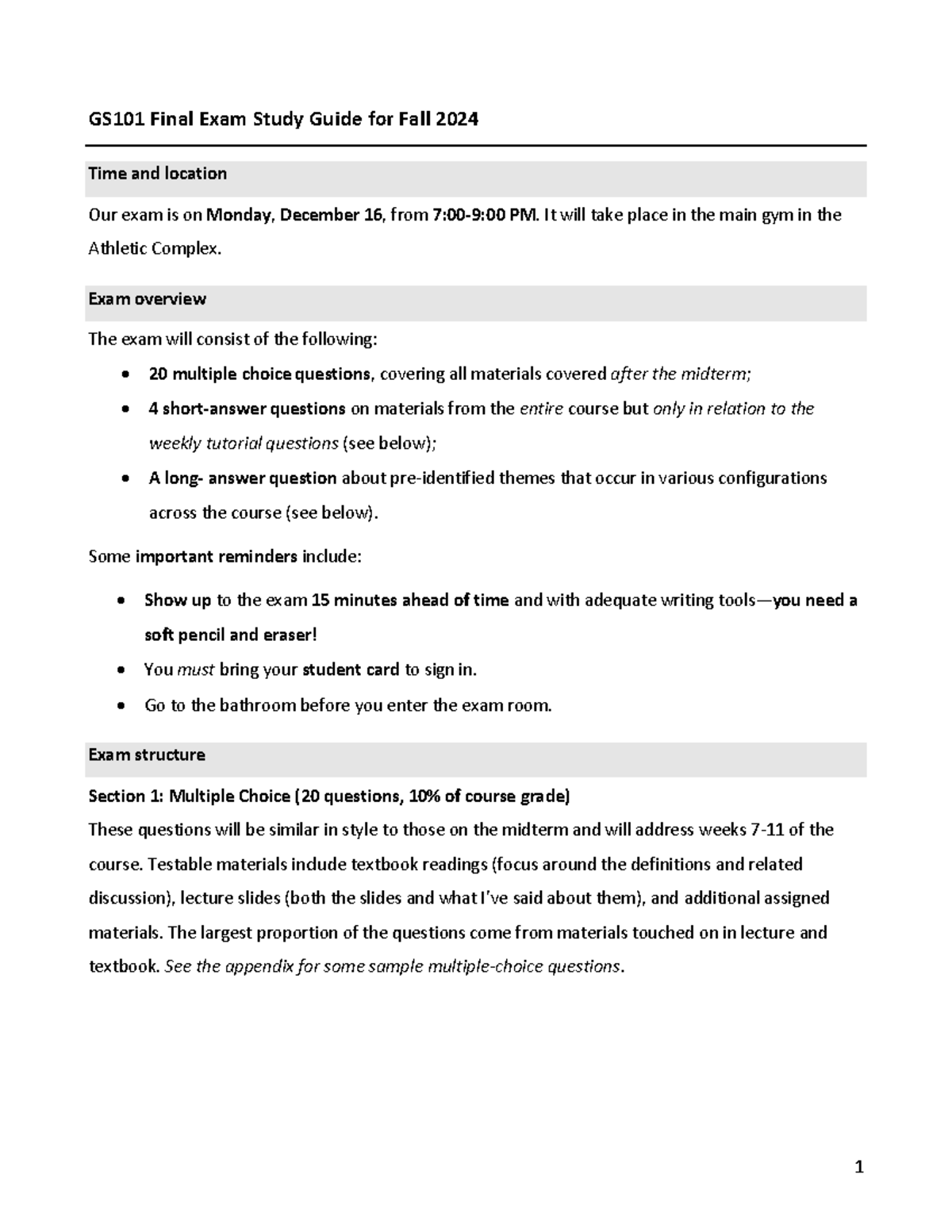 Study Guide-F2022 - GS101 Final Exam Study Guide for Fall 202 4 Time ...