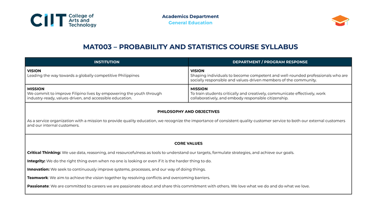 MAT003 - Probability and Statistics Course Syllabus AY 2025-2026 - Studocu