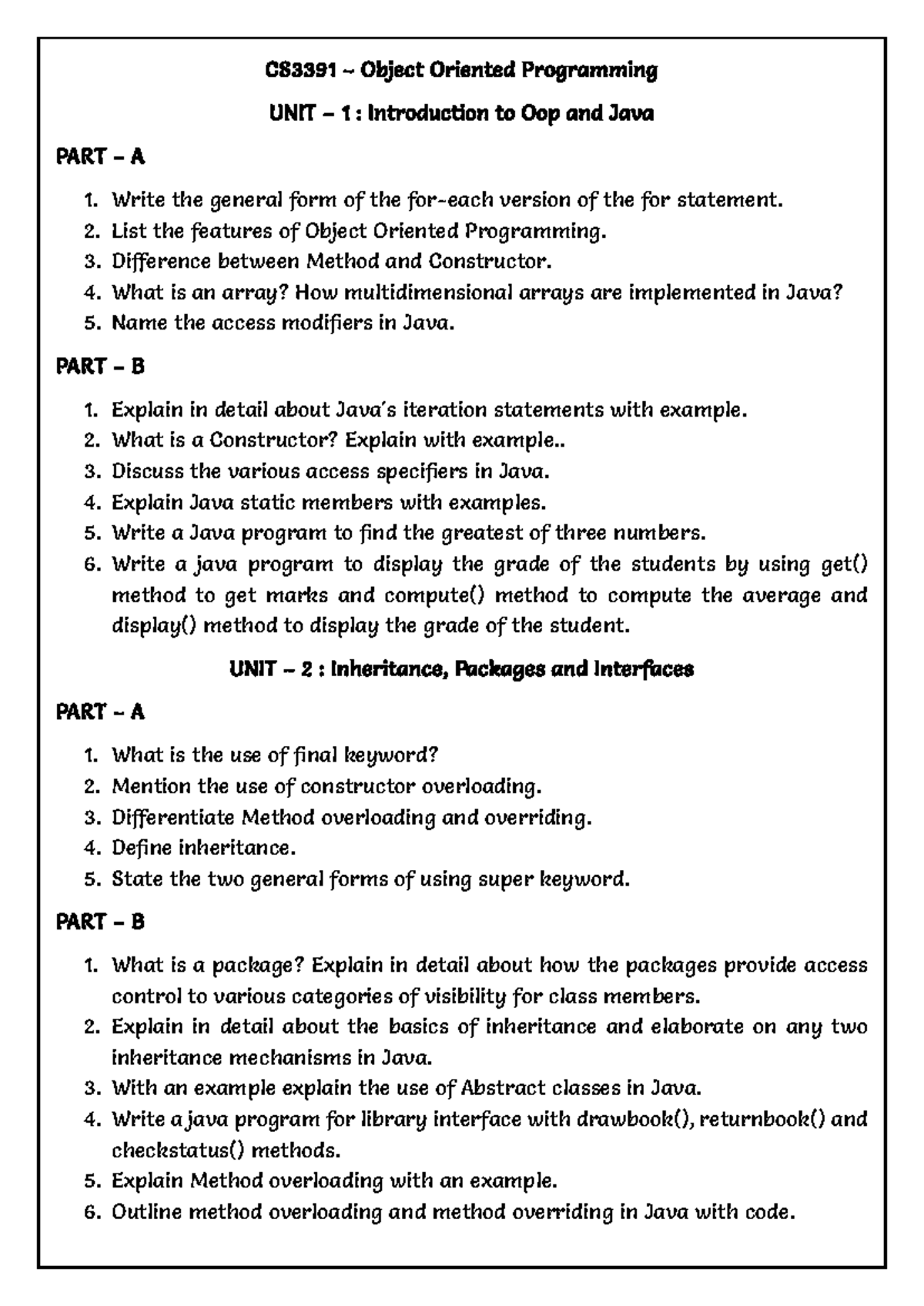 CS3391 Object Oriented Programming - Question Bank for IAT2 - Studocu