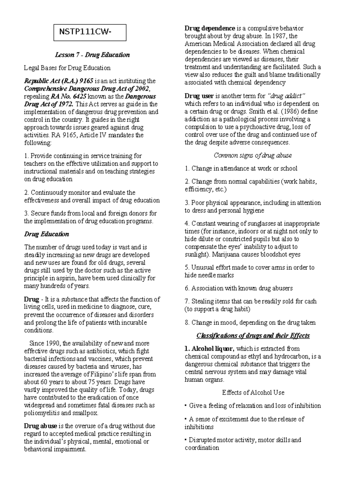 NSTP - Lesson 7: Legal Bases and Education on Drug Abuse - Studocu