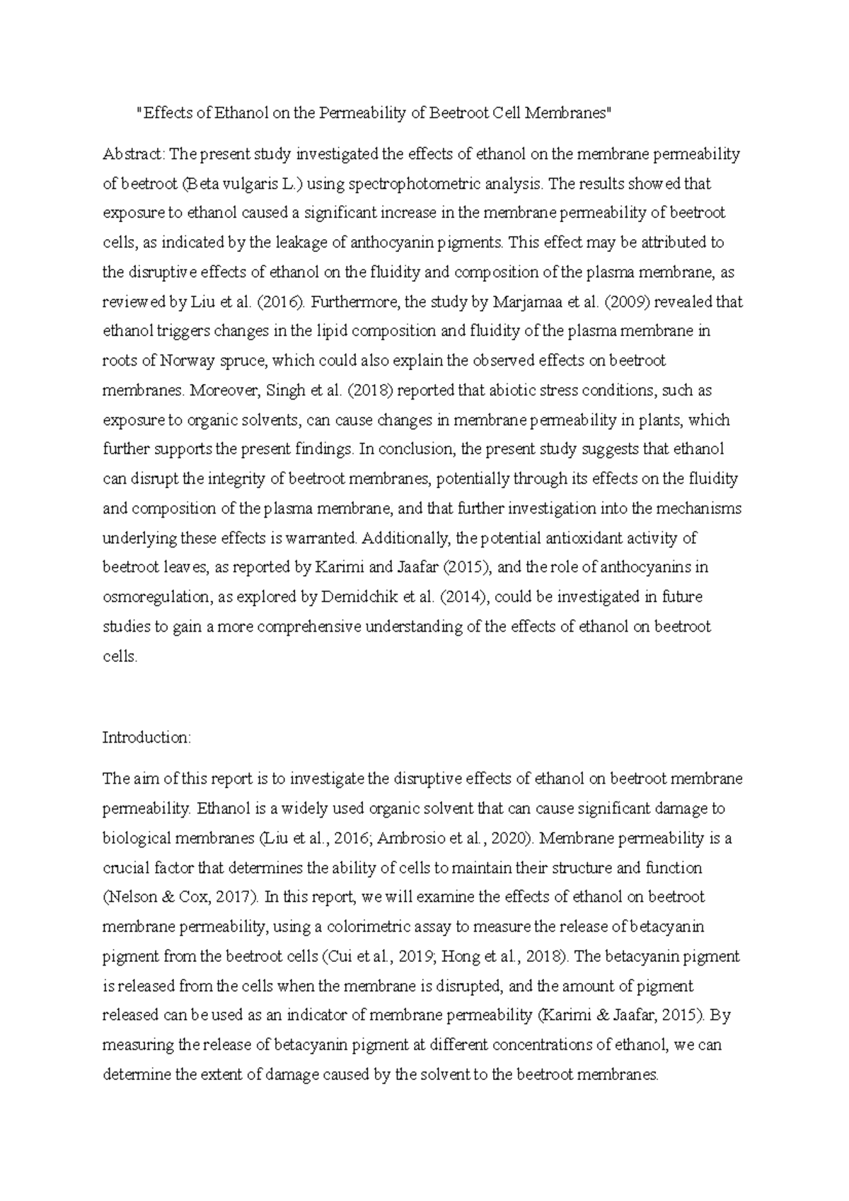 Effects of Ethanol on Beetroot Cell Membrane Permeability: Impact Study ...