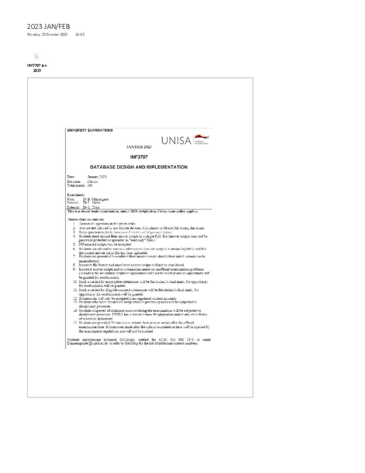 INF3707 Jan 2023 Exam: Database Design & Implementation Answers - Studocu