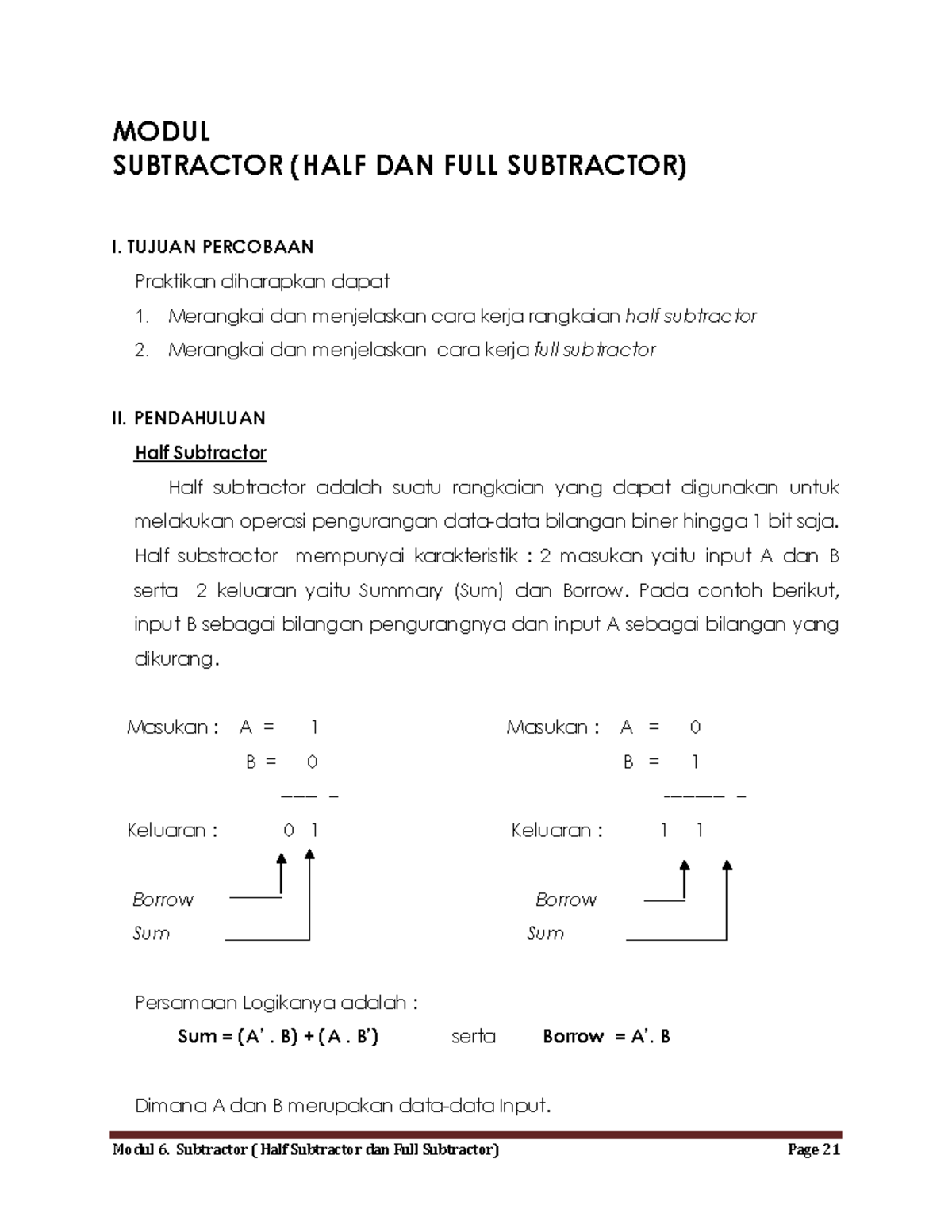 Modul 4: Half and Full Subtractor Study Guide - Studocu