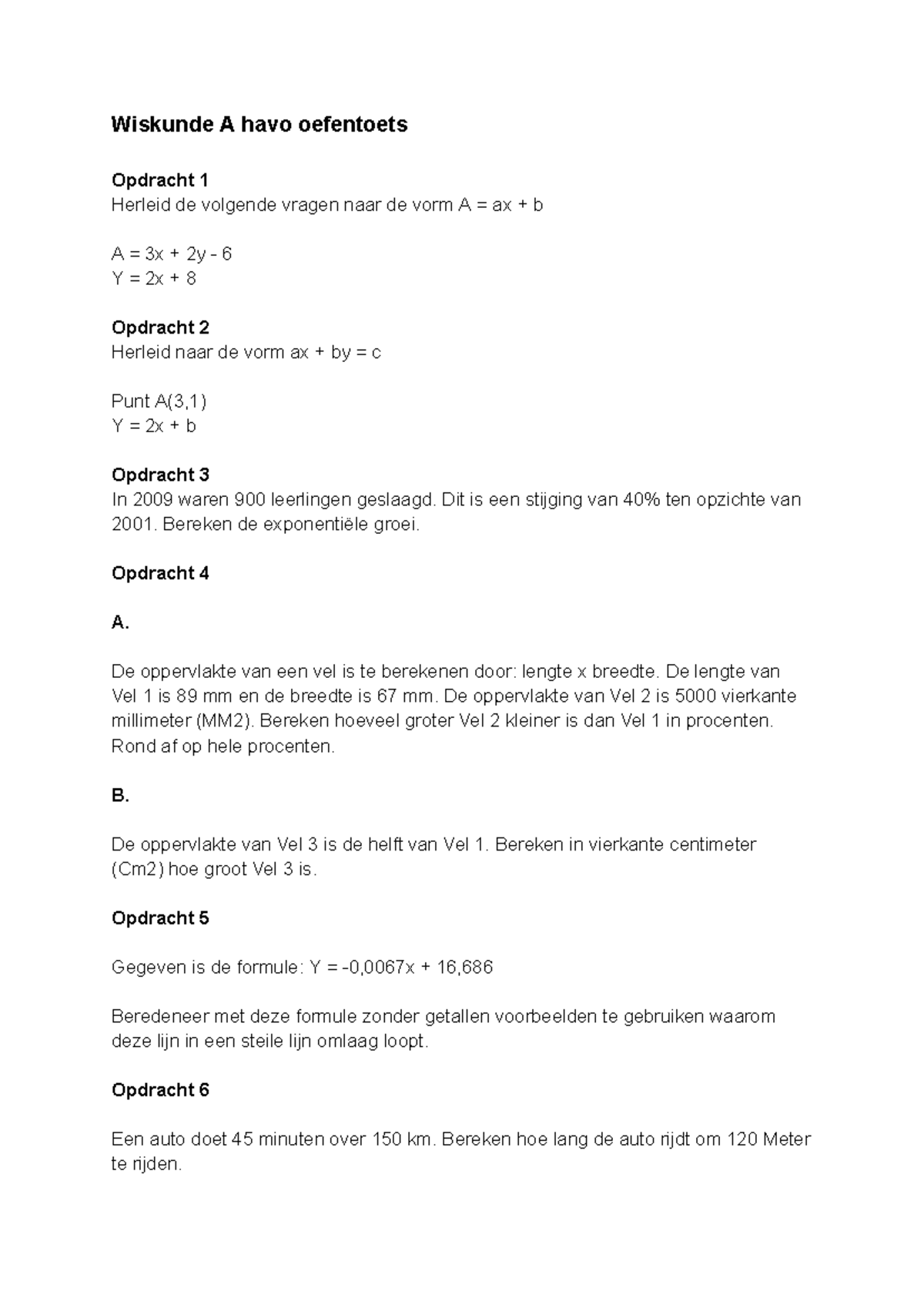 Oefentoets Wiskunde A Havo: Opdrachten en Berekeningen - Studeersnel