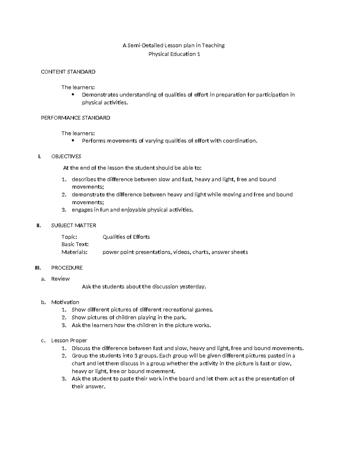 541017061 PE Lesson Plan: Qualities of Effort in Physical Education ...