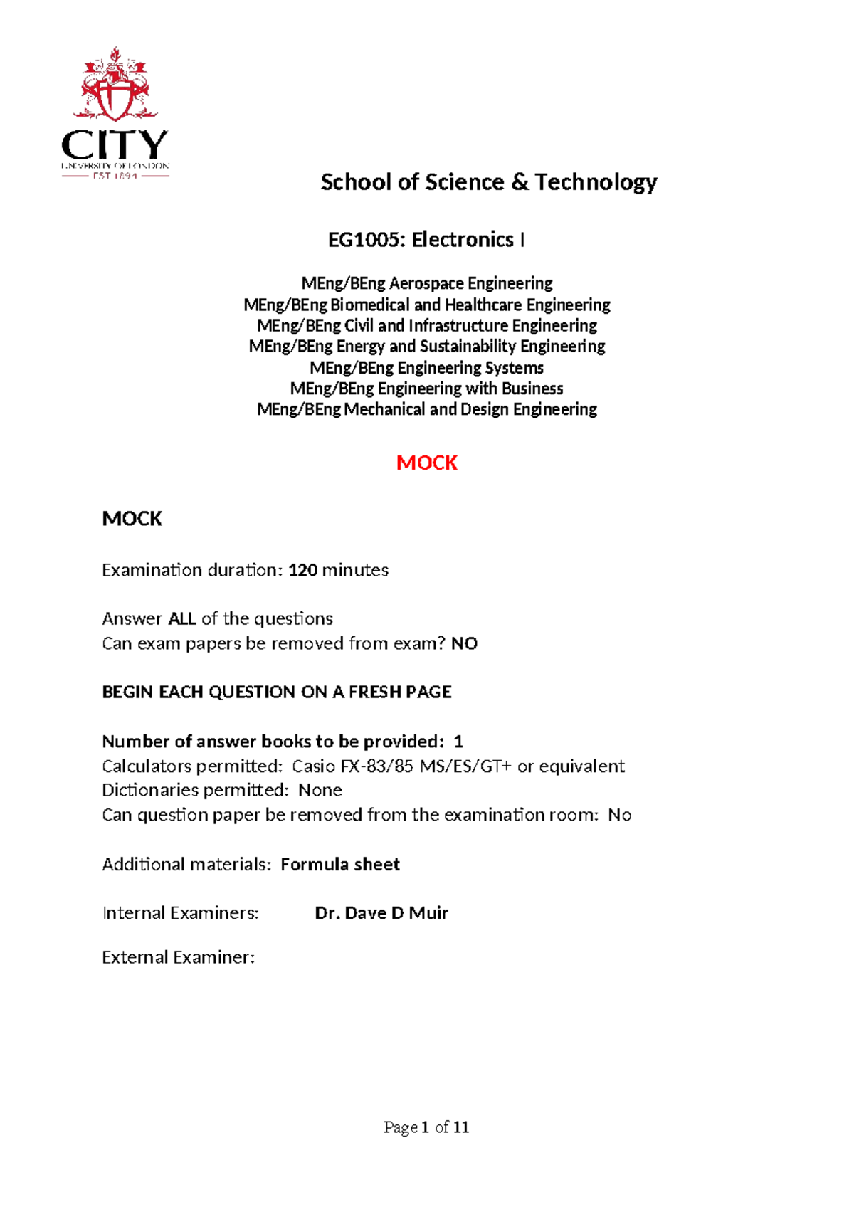 EG1005: Electronics I 2025 MOCK Exam Paper with Questions and ...