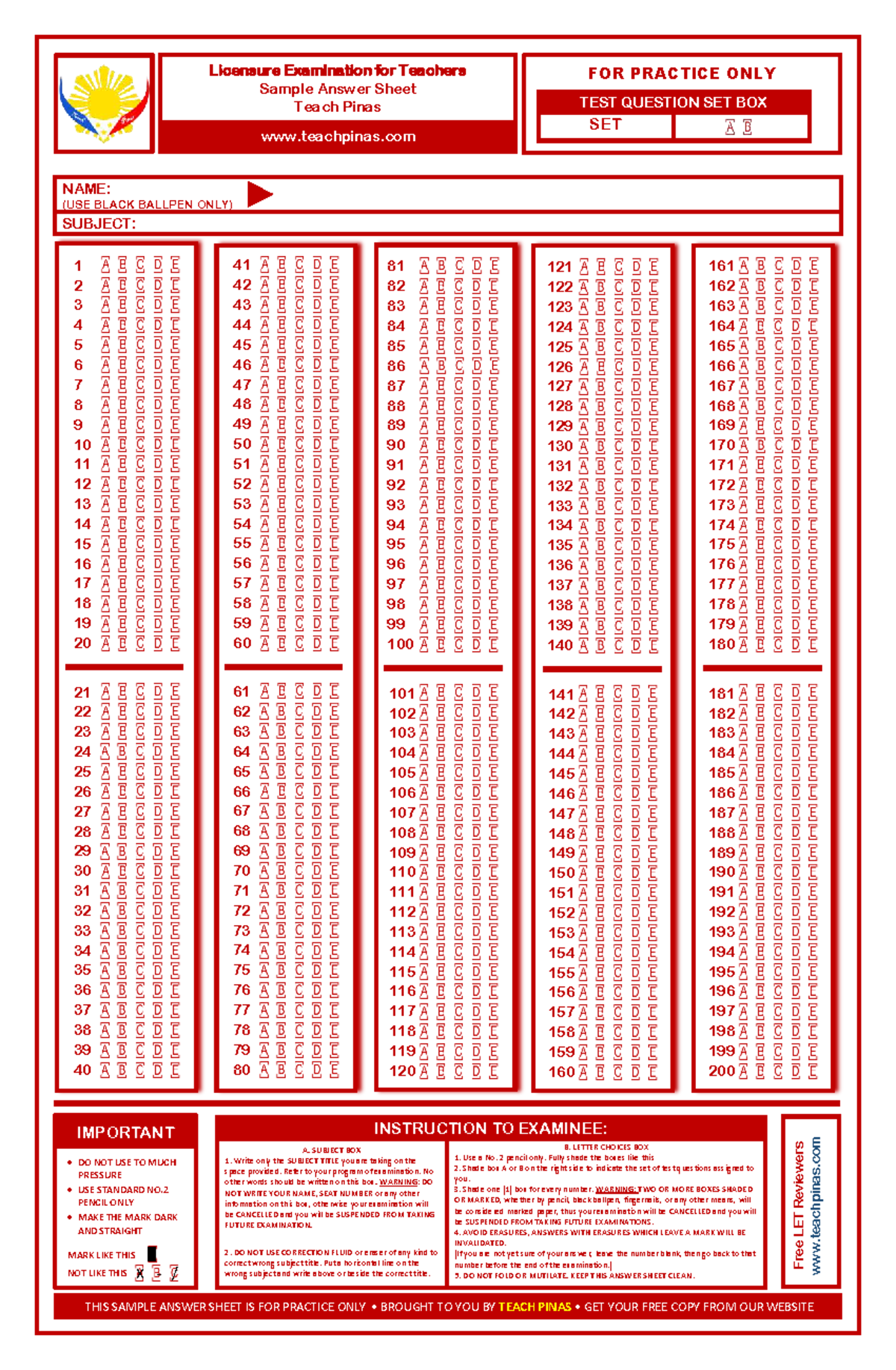 LET Sample Answer Sheet for Licensure Exam Practice - Teach Pinas - Studocu