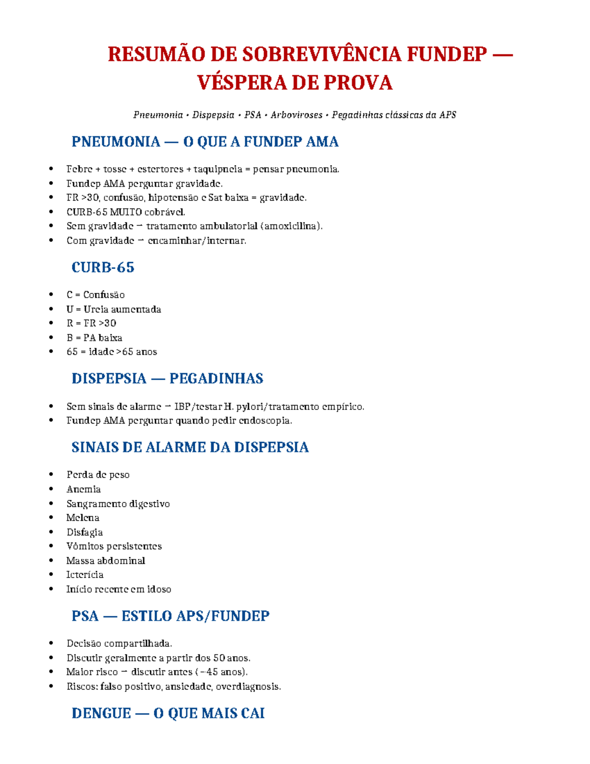 Resumo de Sobrevivência FUNDEP: Pneumonia e Dispepsia para Prova - Studocu