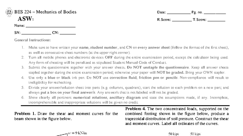 BES 224 Mechanics of Bodies ASW 1 - Exam Instructions & Problems - Studocu