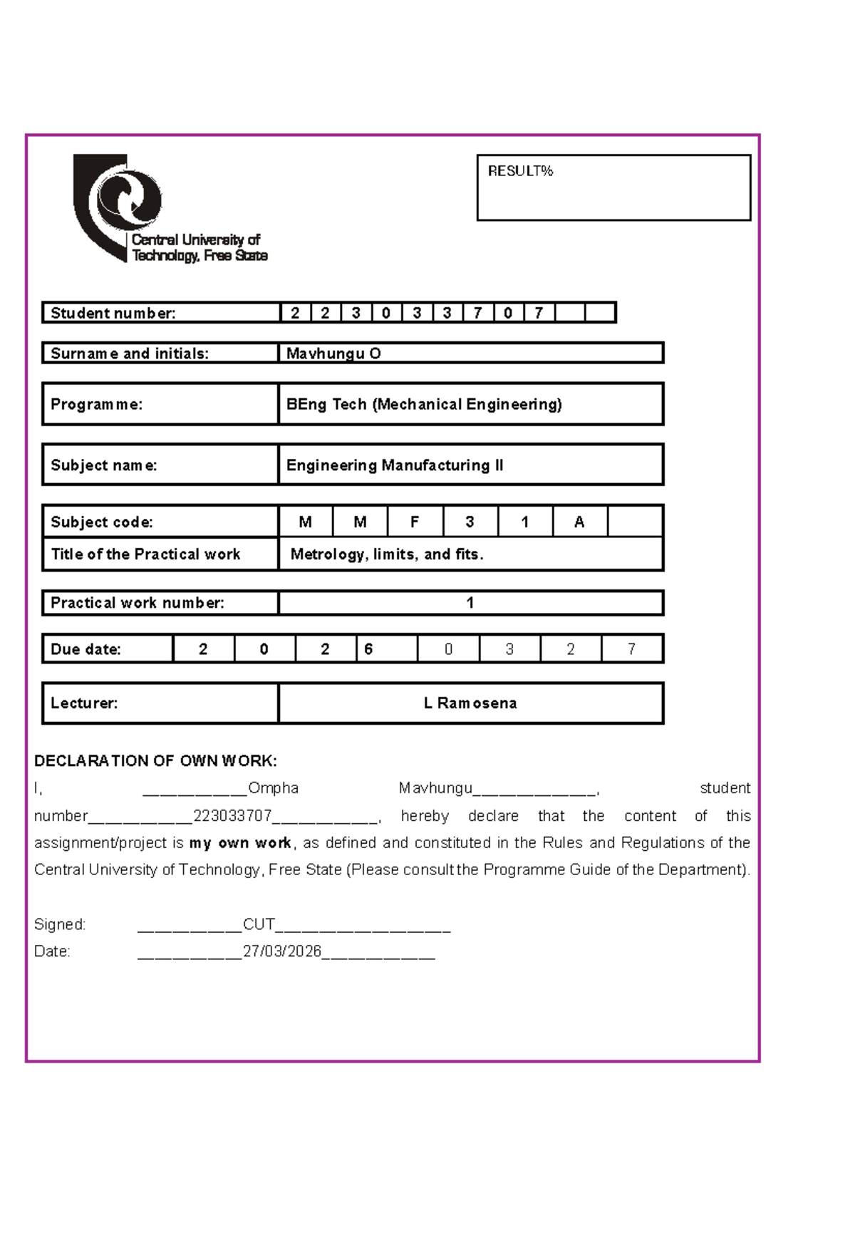 BEng Tech (Mechanical Eng) M 3 3 F 7 Practical 1: Metrology, Limits ...