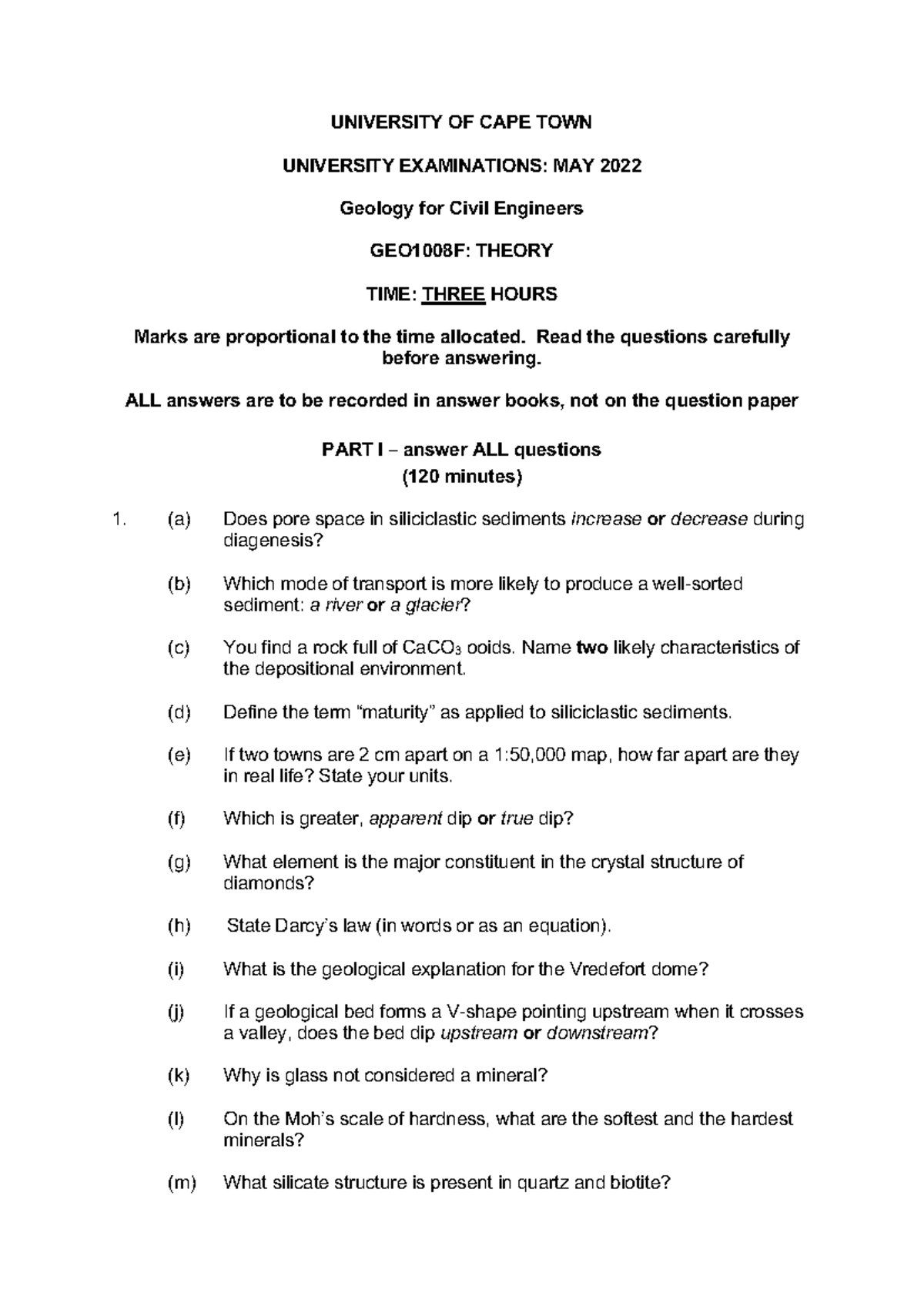 GEO1008F: UCT Geology for Civil Engineers Exam May 2022 - Studocu