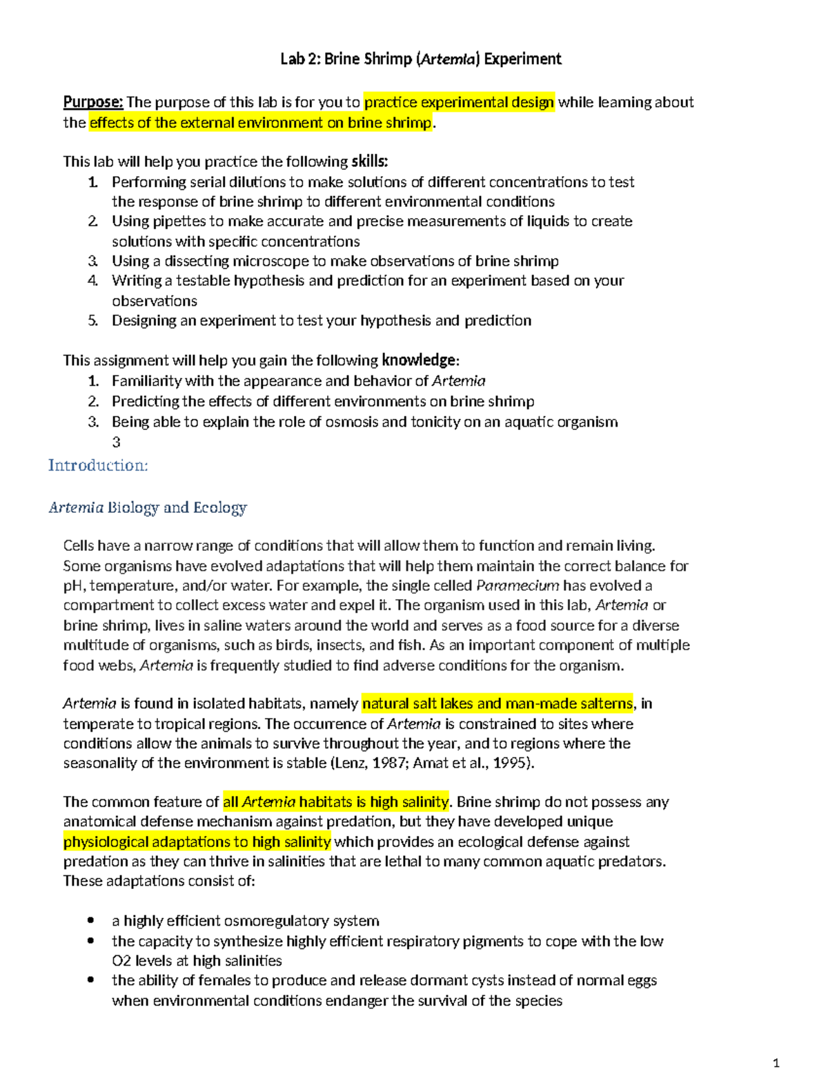 Lab 2 - Brine Shrimp Experiment: Effects of Salinity on Artemia - Studocu