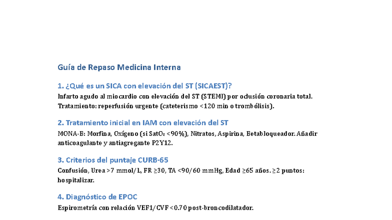 Guía de Repaso Medicina Interna 1 - Resúmenes SICA y Tratamientos - Studocu