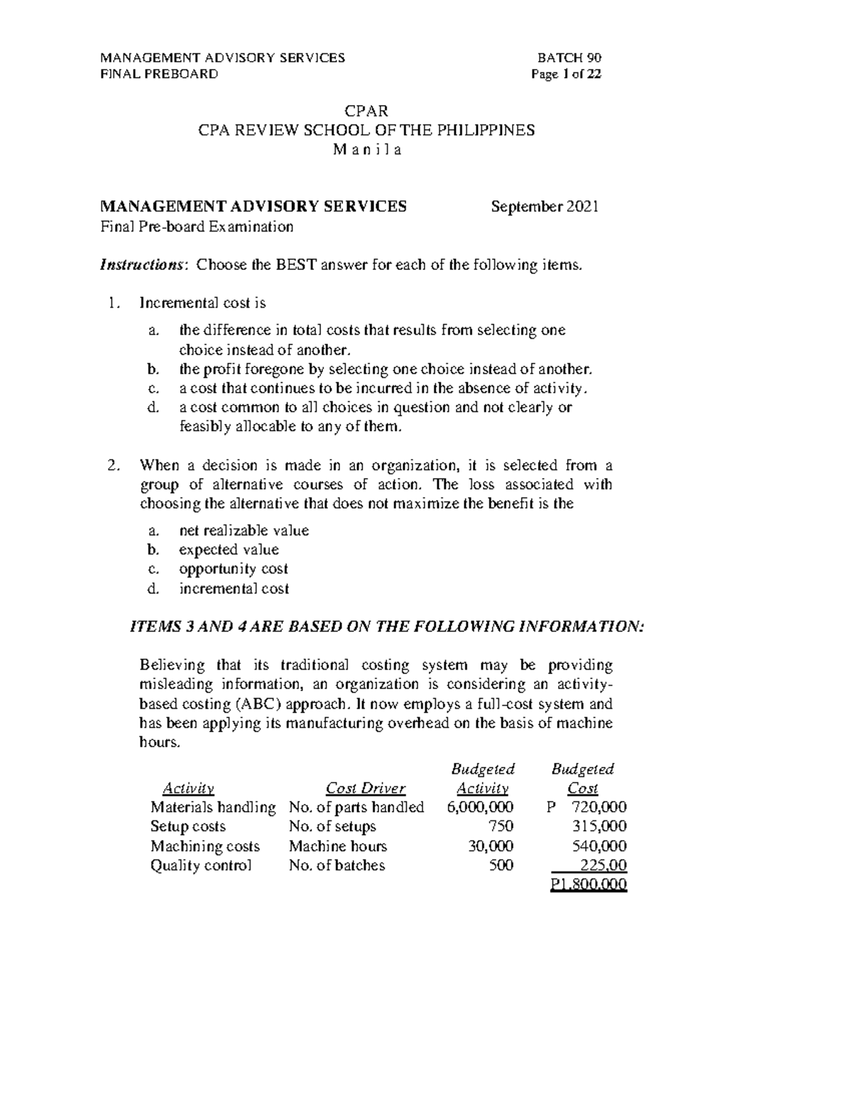 .arch MAS 90 FPB - study time - FINAL PREBOARD Page 1 of 22 CPAR CPA ...