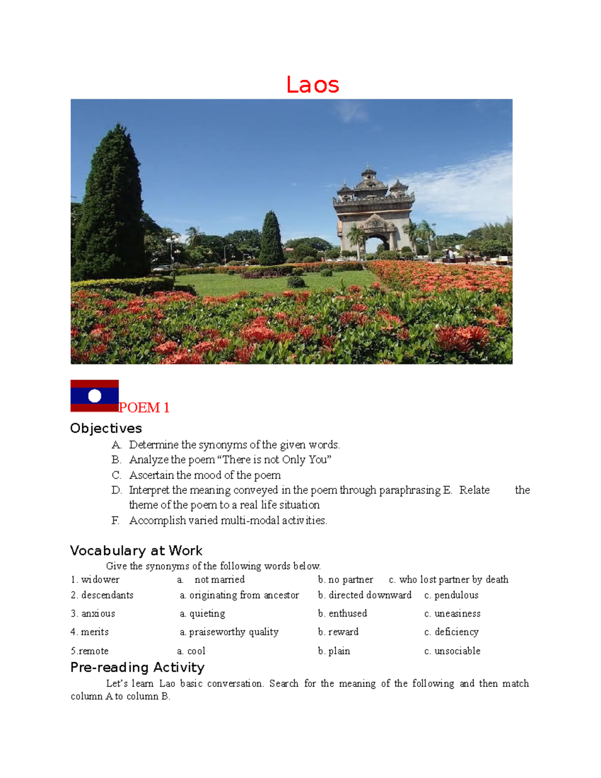 Asean LIT 15 - Laos POEM 1 Objectives A. Determine the synonyms of the ...