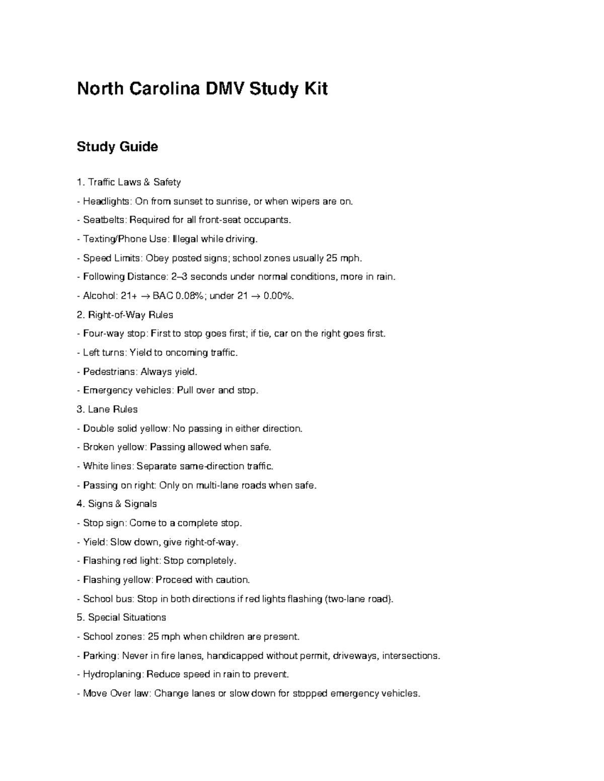 NC DMV Study Kit: Traffic Laws & Safety Guide - Studocu