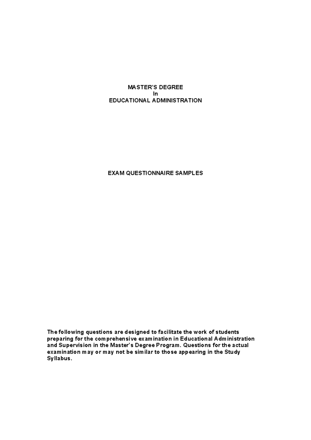 Master's Degree Exam Qs in Educational Administration & Supervision ...