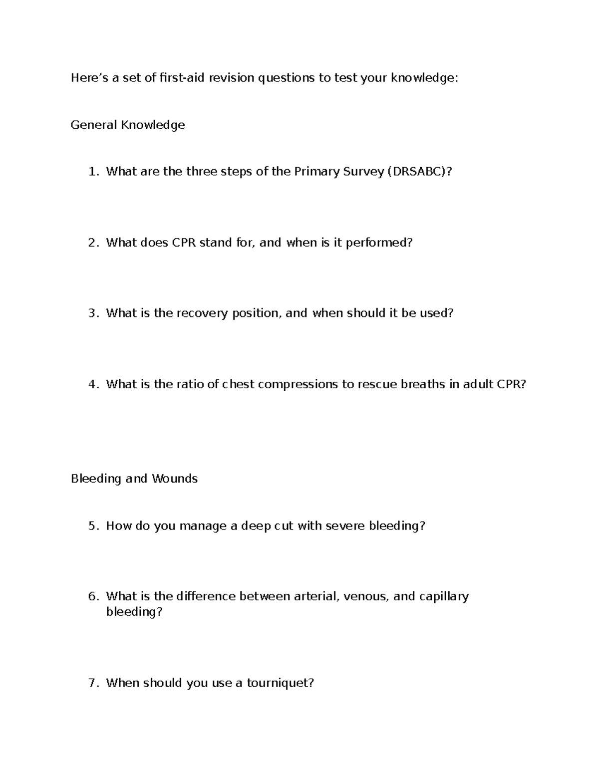 First AID Revision Questions - Here’s a set of first-aid revision ...