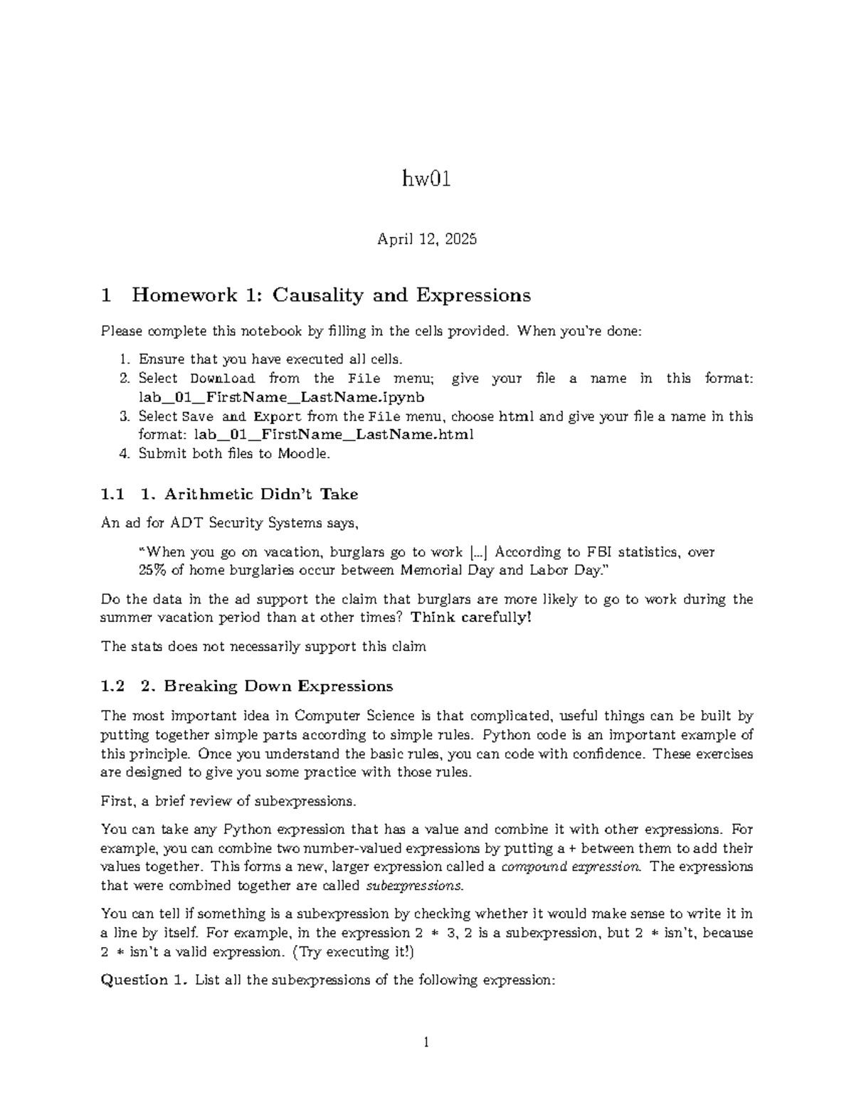 Homework 1: Causality and expressions (hw01) - Studocu