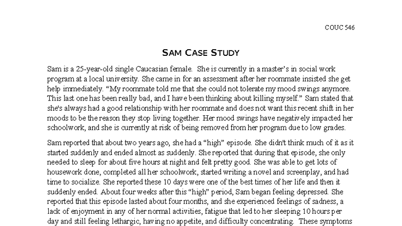 COUC 546 Case Study: Assessment of Sam's Mental Health Challenges - Studocu