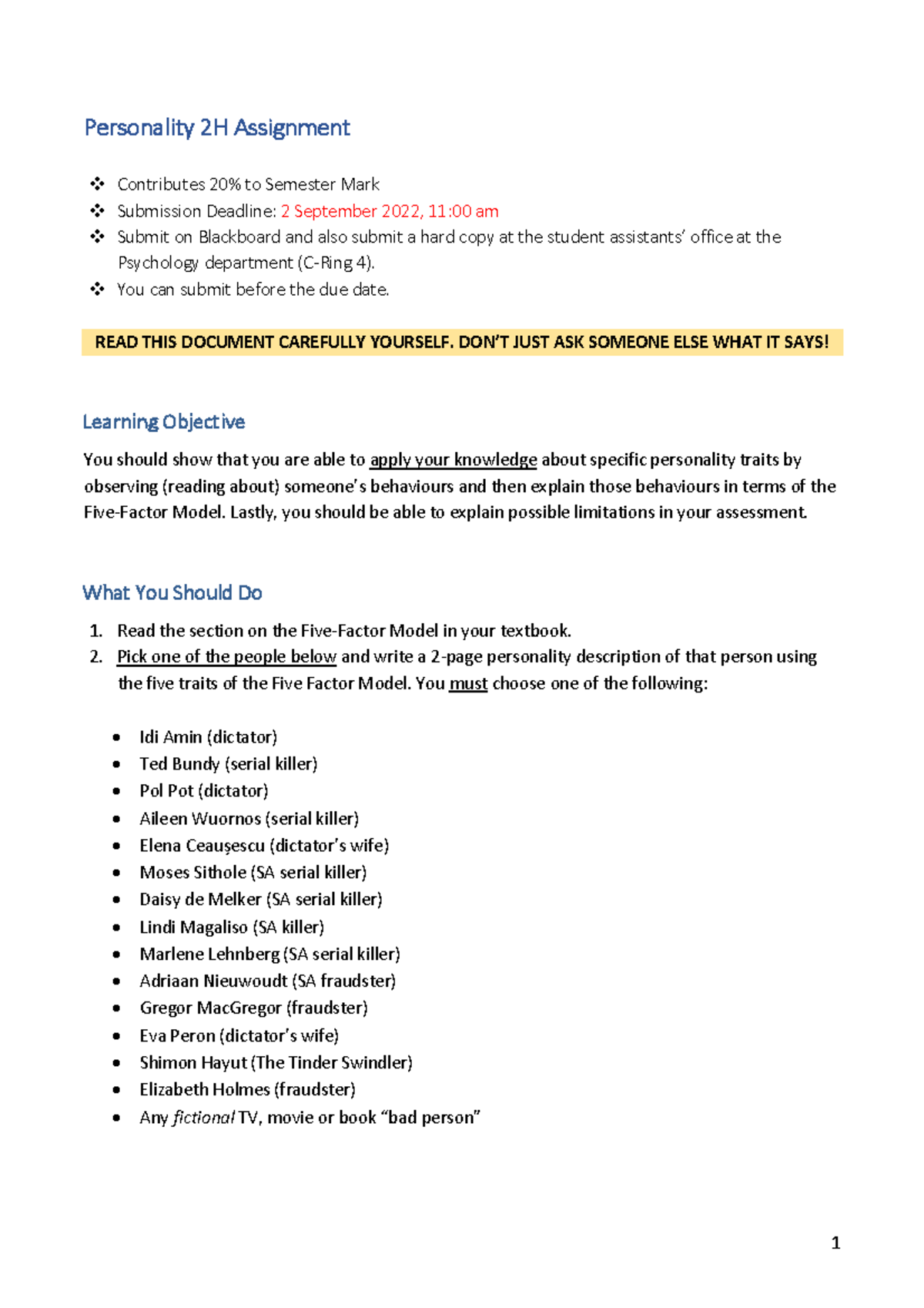 Personality 2H Assignment Guidelines 2022 - Personality 2H Assignment v ...