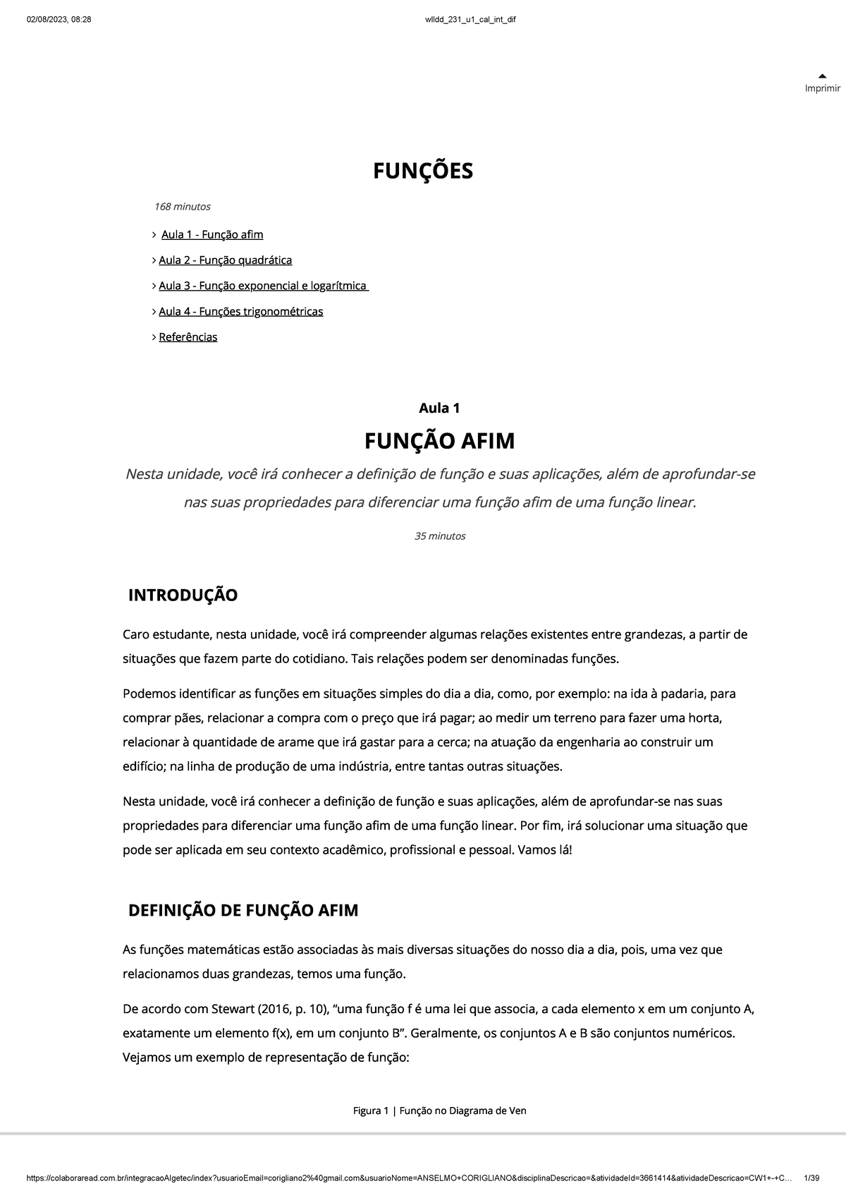 Aula 1: Funções Afim, Quadrática e Exponencial - Cálculo 1 (08:28 - Studocu
