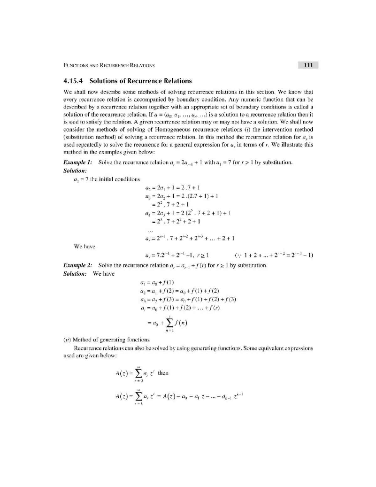 Recurrence Relations and Generating Functions: Solutions and Methods ...