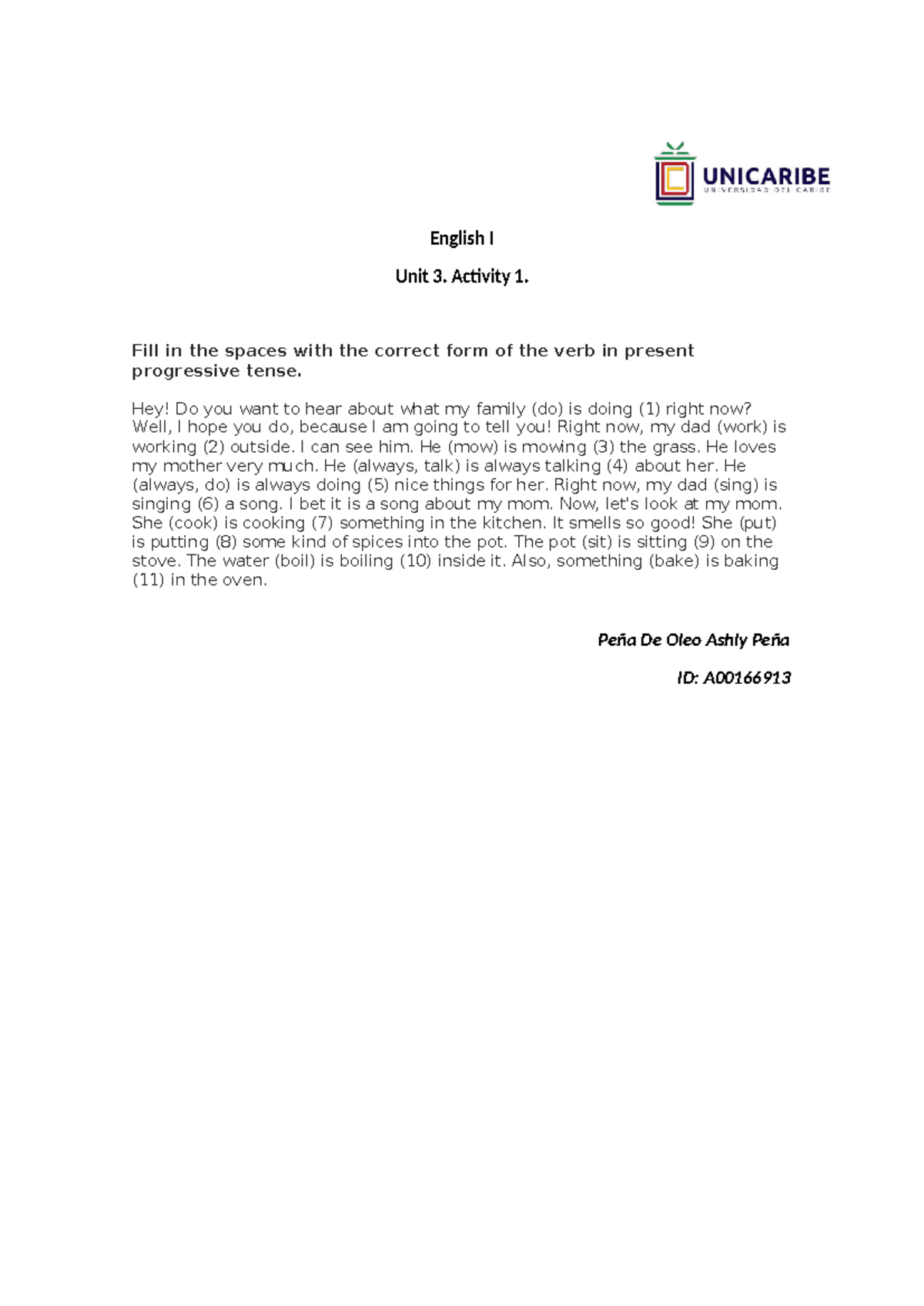 English I Unit 3: Present Progressive Tense Activity 1 - Studocu