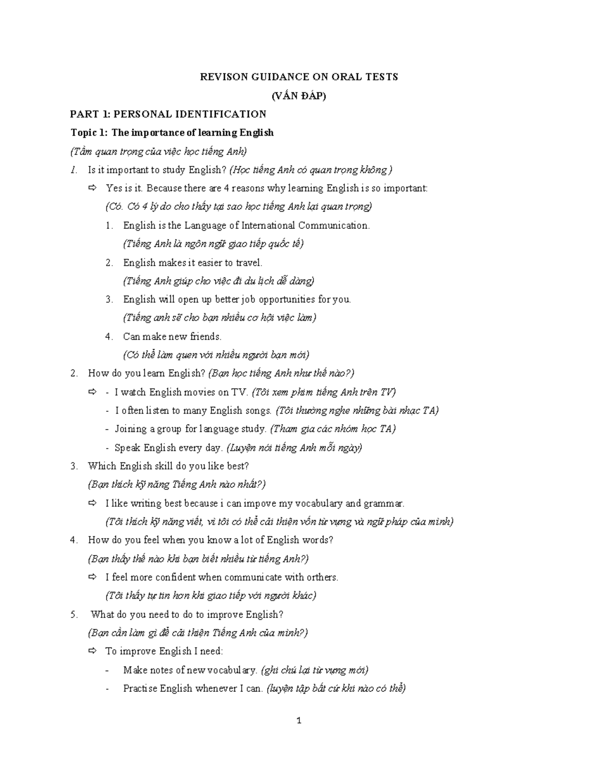 ORAL TEST - REVISON GUIDANCE ON ORAL TESTS (VẤN ĐÁP) PART 1: PERSONAL ...
