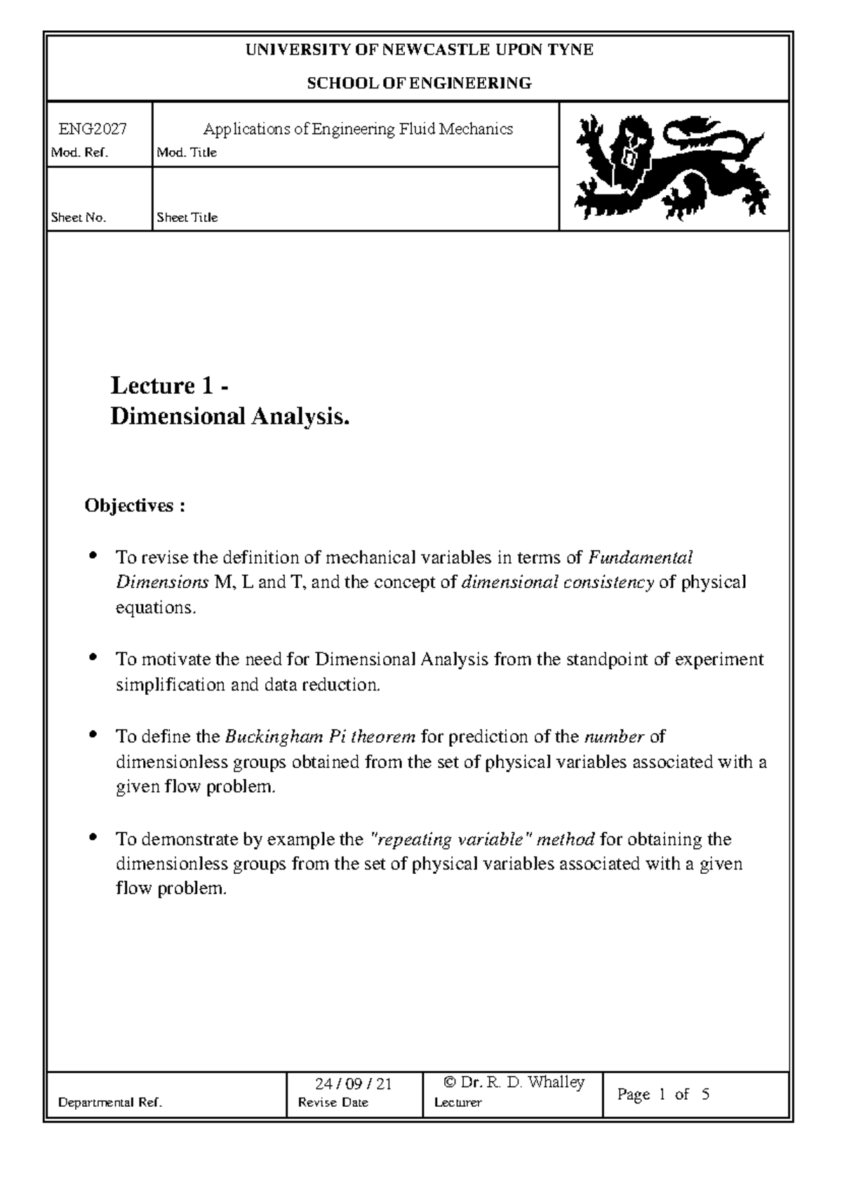 Dimensional Analysis and Buckingham Pi Theorem - ENG2027 Lecture Notes ...
