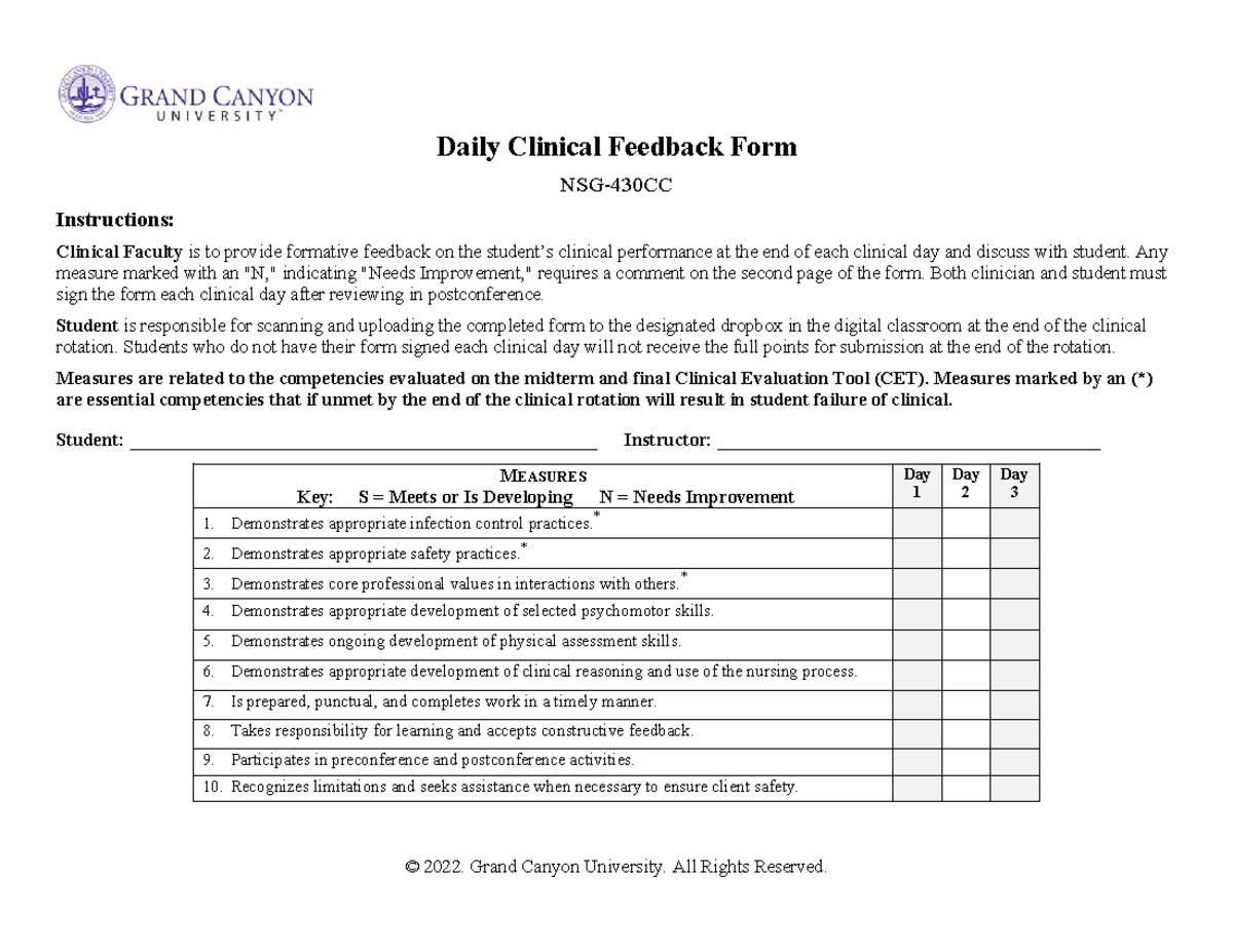 NSG 430CC RS Daily Clinical Feedbackform - Daily Clinical Feedback Form ...