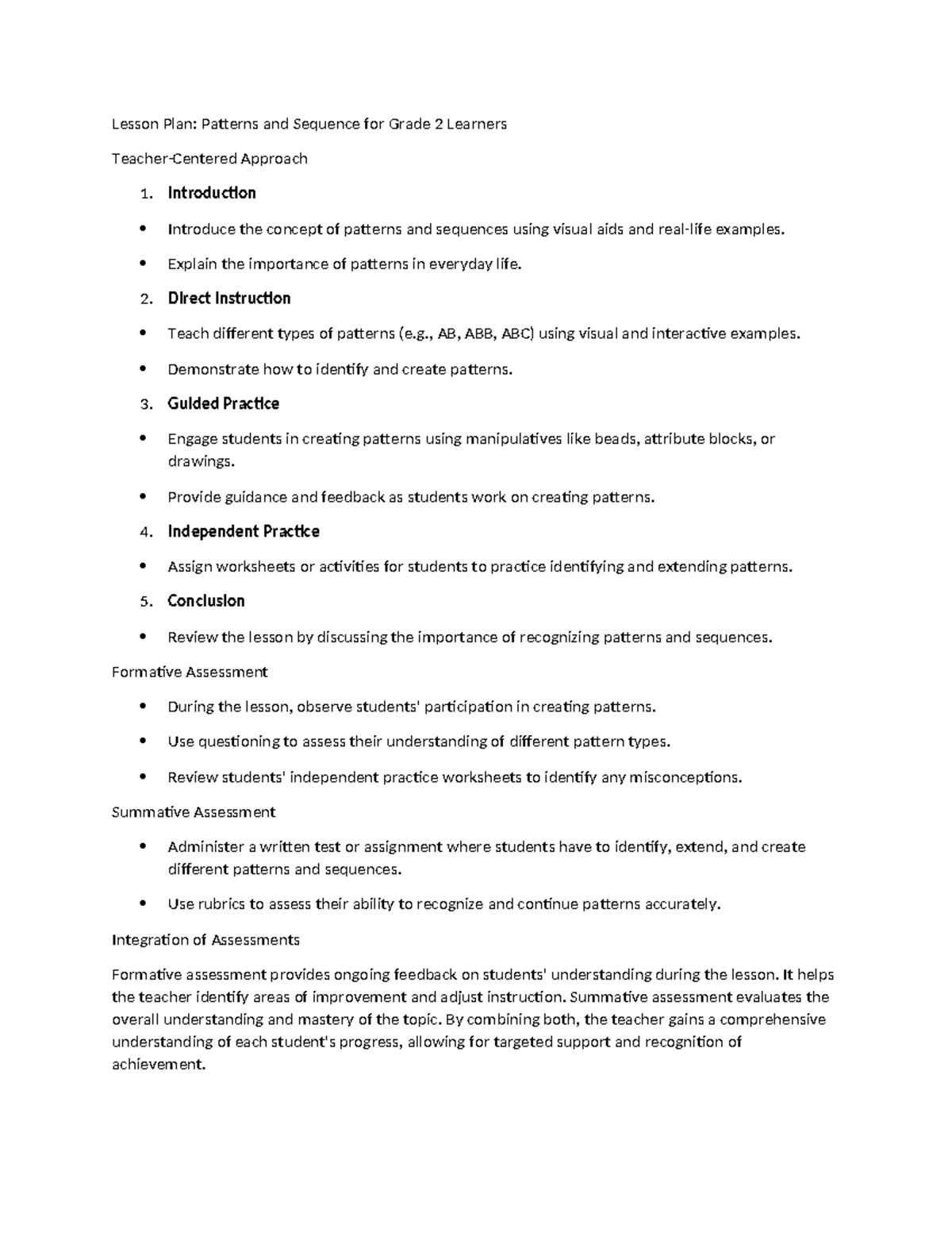 Gr2 Lesson 15 - Patterns & Sequences Teaching Plan - Studocu