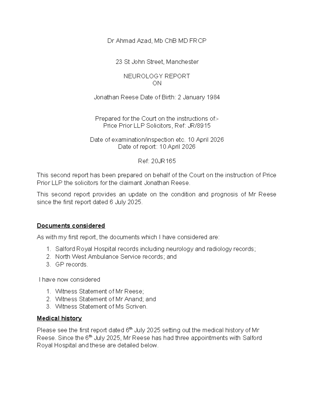 20. BTC1 WS13 Second Neurology Report on Jonathan Reese by Dr. Azad ...