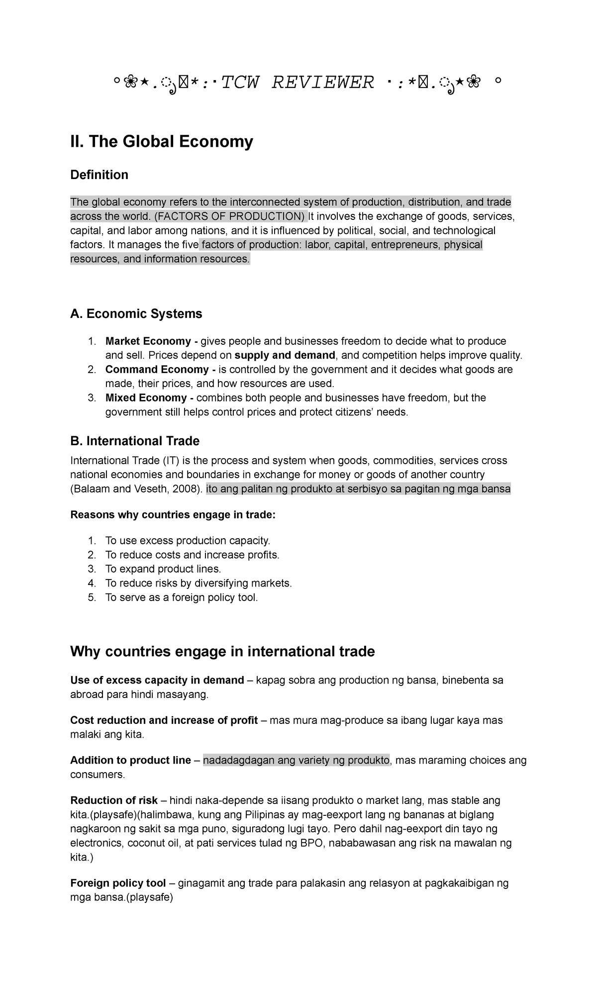 REVIEWER II: Understanding the Global Economy and Trade Systems - Studocu