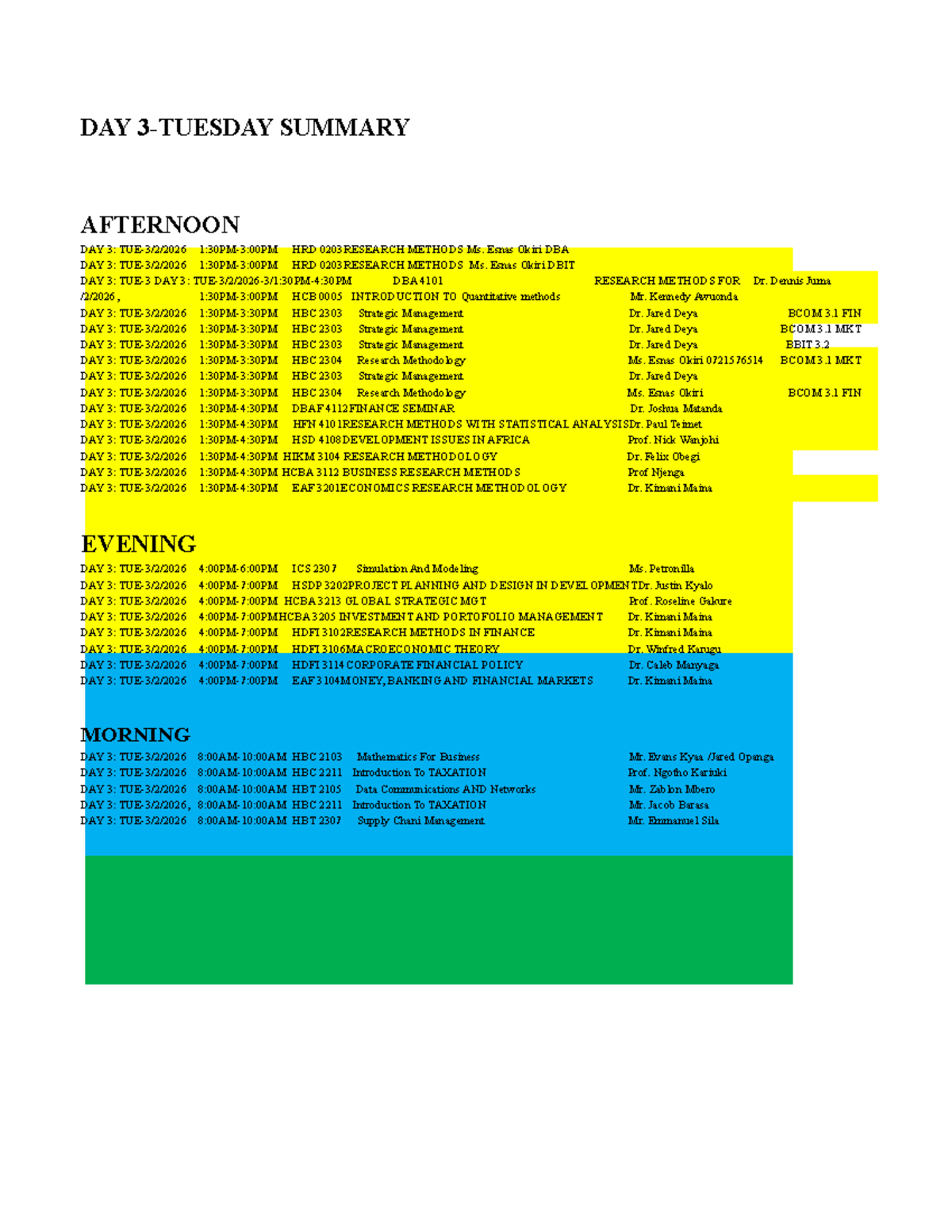 DAY 3 TUE-3/2/2026 CLASS SCHEDULE SUMMARY - Studocu