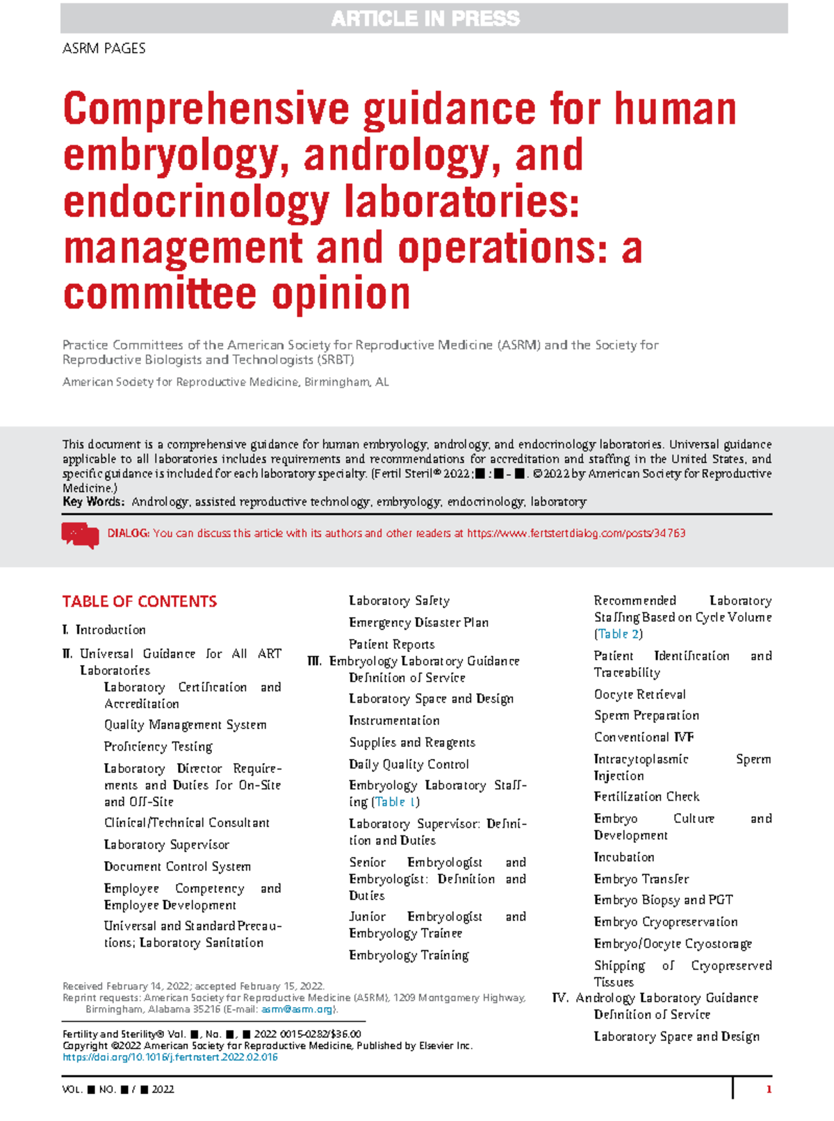 ASRM PAGES: Comprehensive Guidelines for ART Lab Management 2022 - Studocu