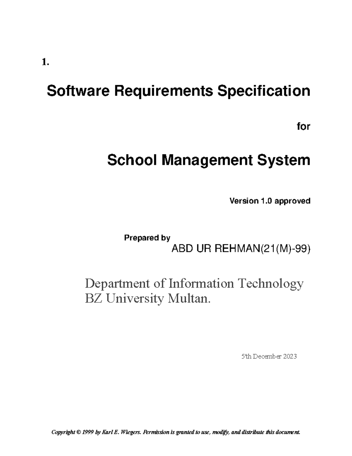 IEEE SRS Template for School Management System (Version 1.0) - Studocu