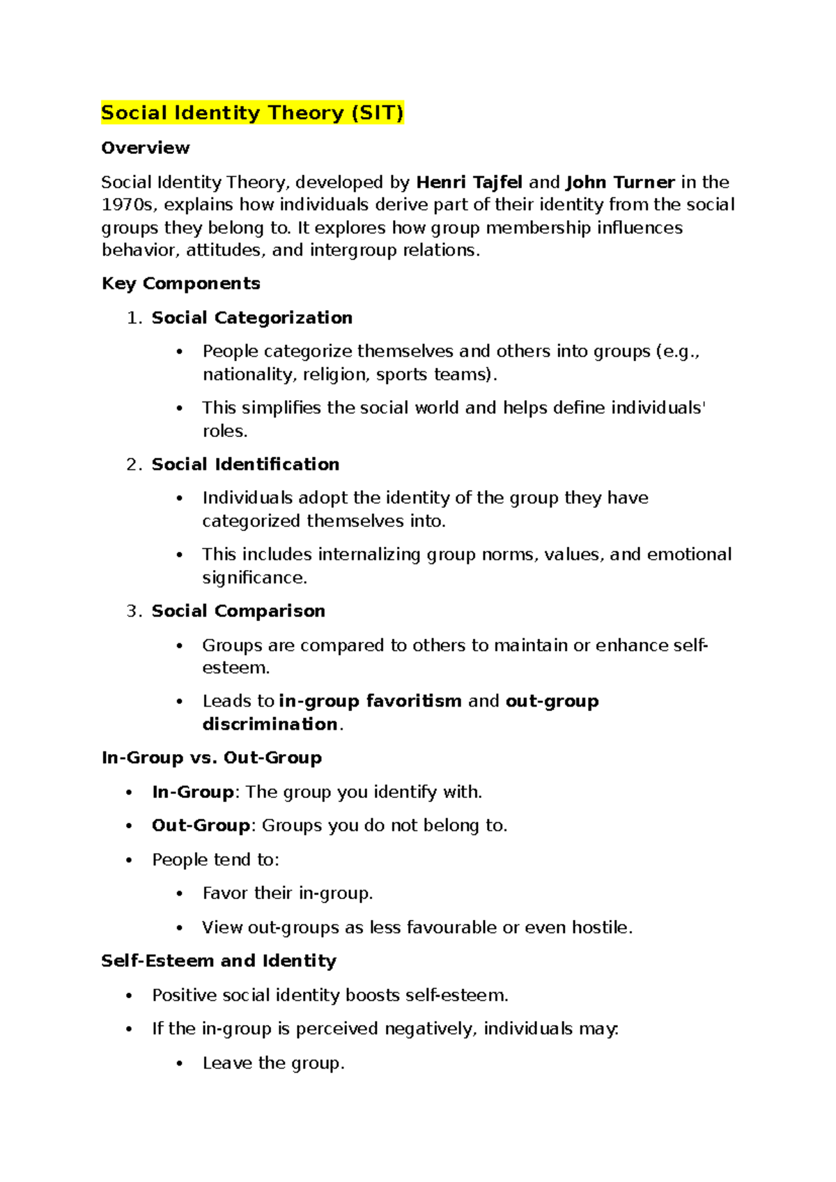 Psych 101: Social Identity Theory and Memory Overview - Studocu
