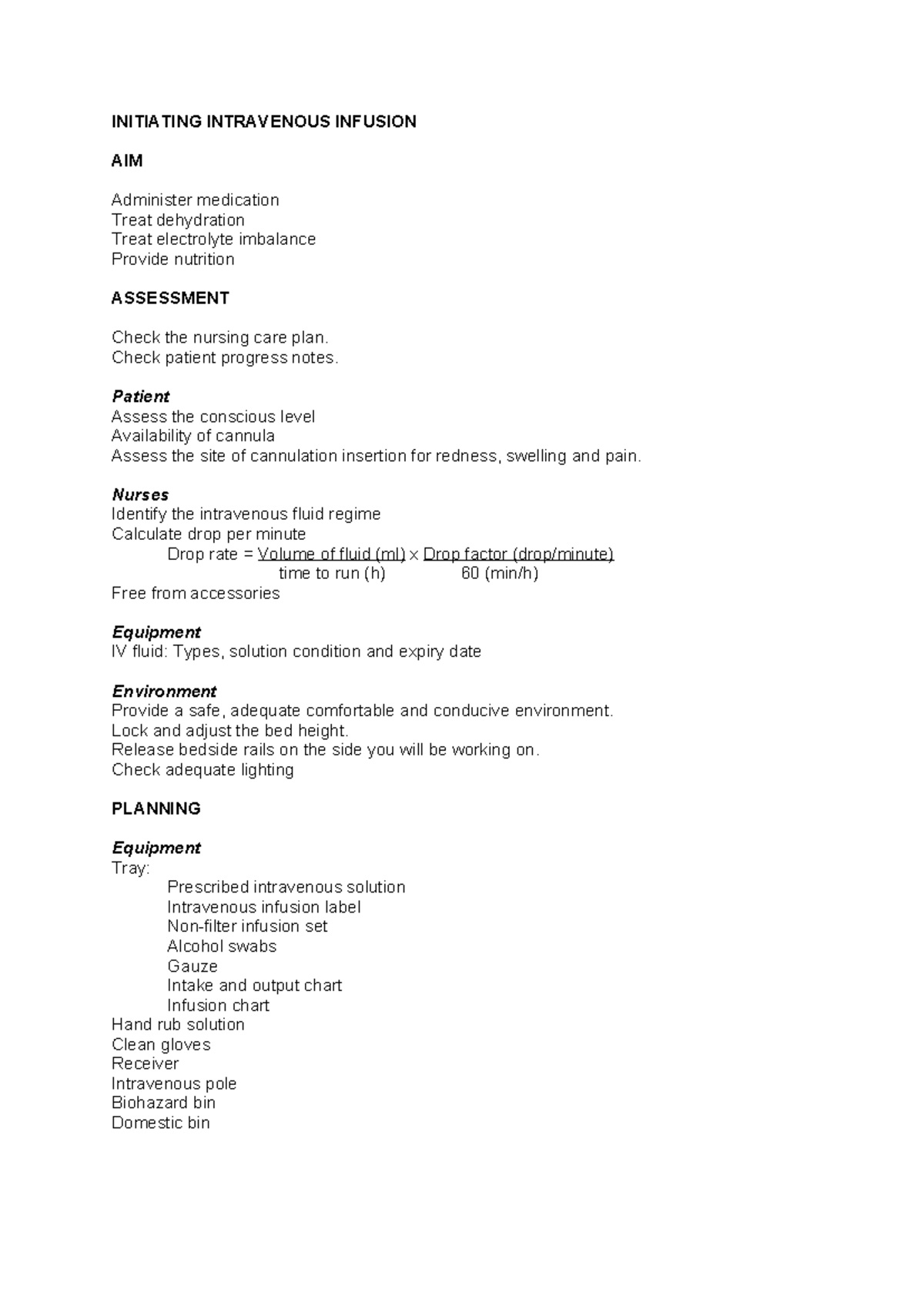 Nursing Procedure: Initiating IV Infusion Techniques and Guidelines ...