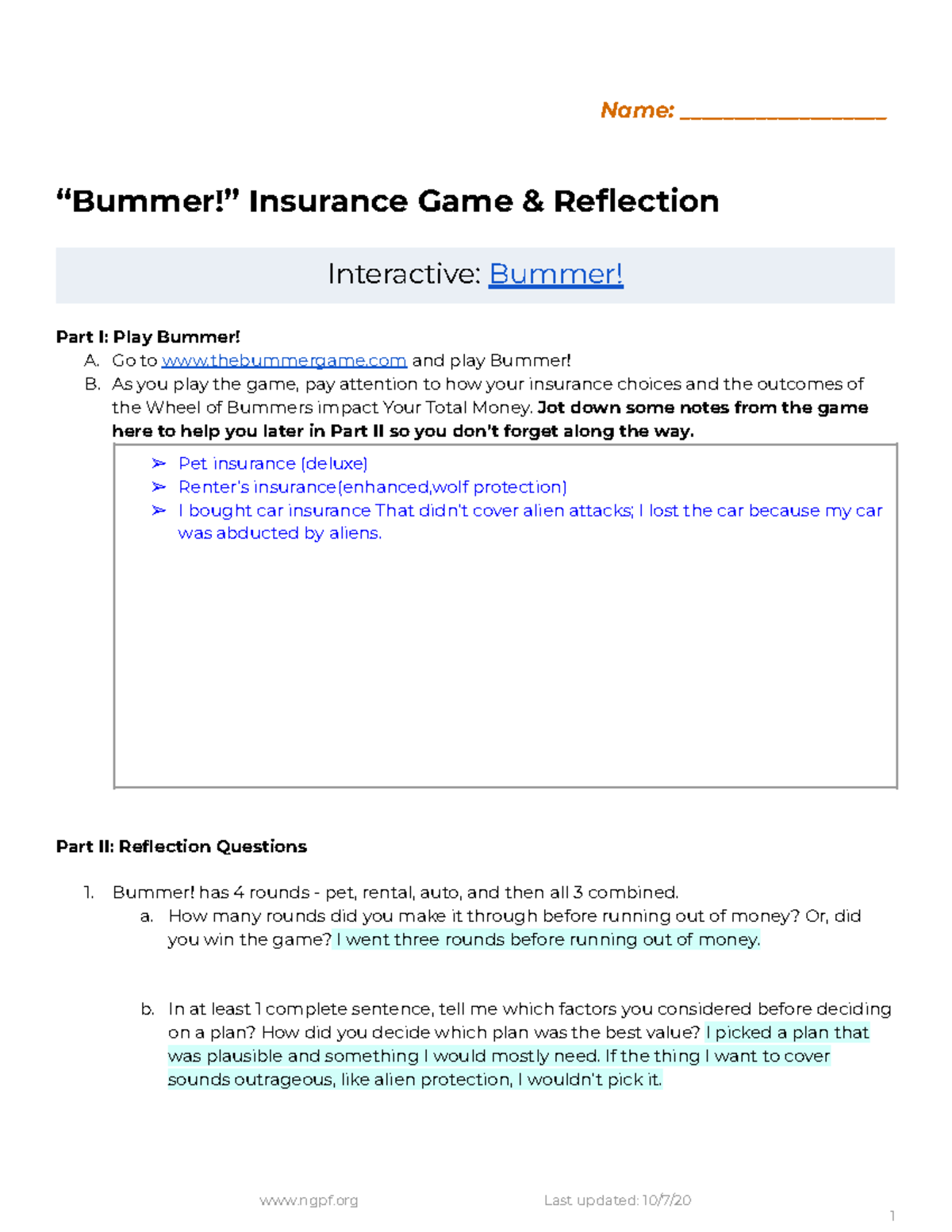 Bummer Insurance Game Reflection and Strategy Analysis - Studocu