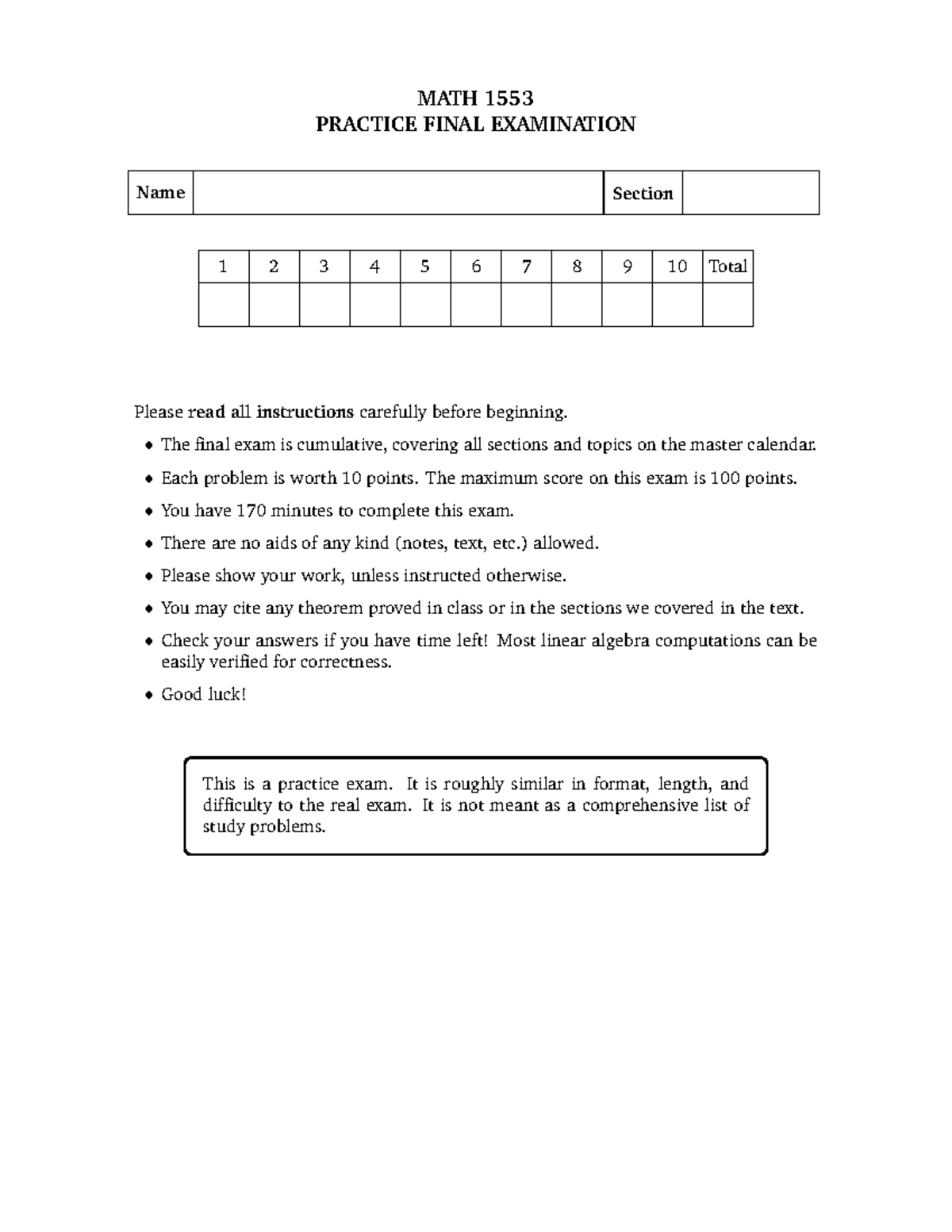 MATH 1553 PRACTICE FINAL EXAM WITH ANSWERS - Studocu