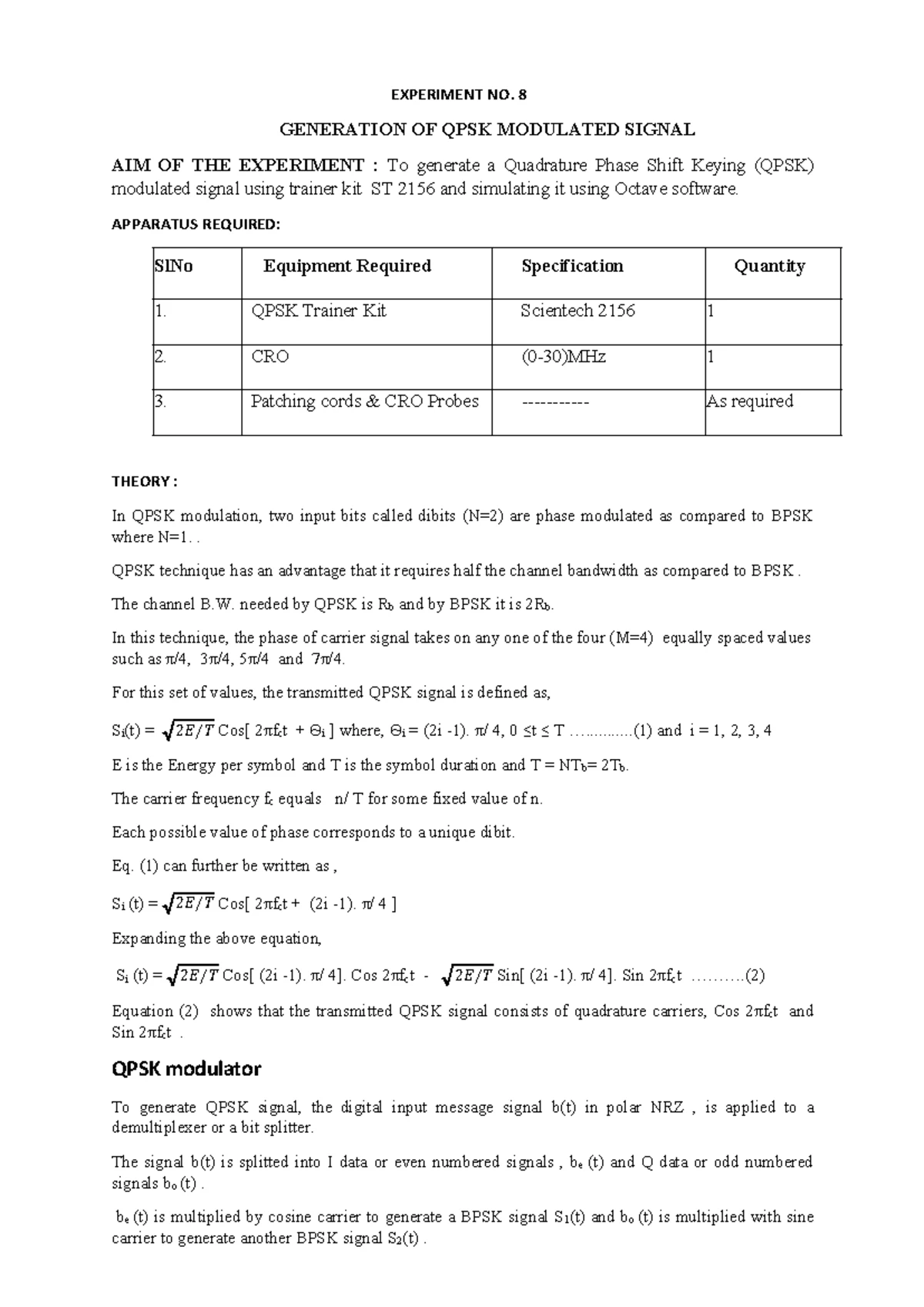EXPT 7 BPSK and BFSK CE LAB - Generation and detection of BPSK and BFSK ...