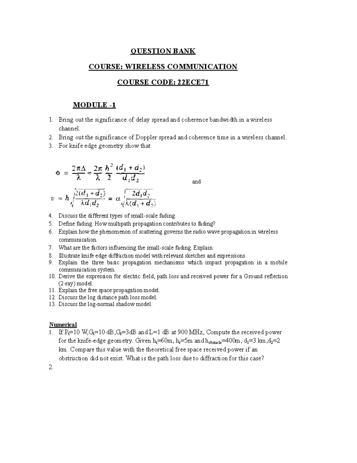 Question Bank: Wireless Communication Concepts & Models - 22ECE71 - Studocu